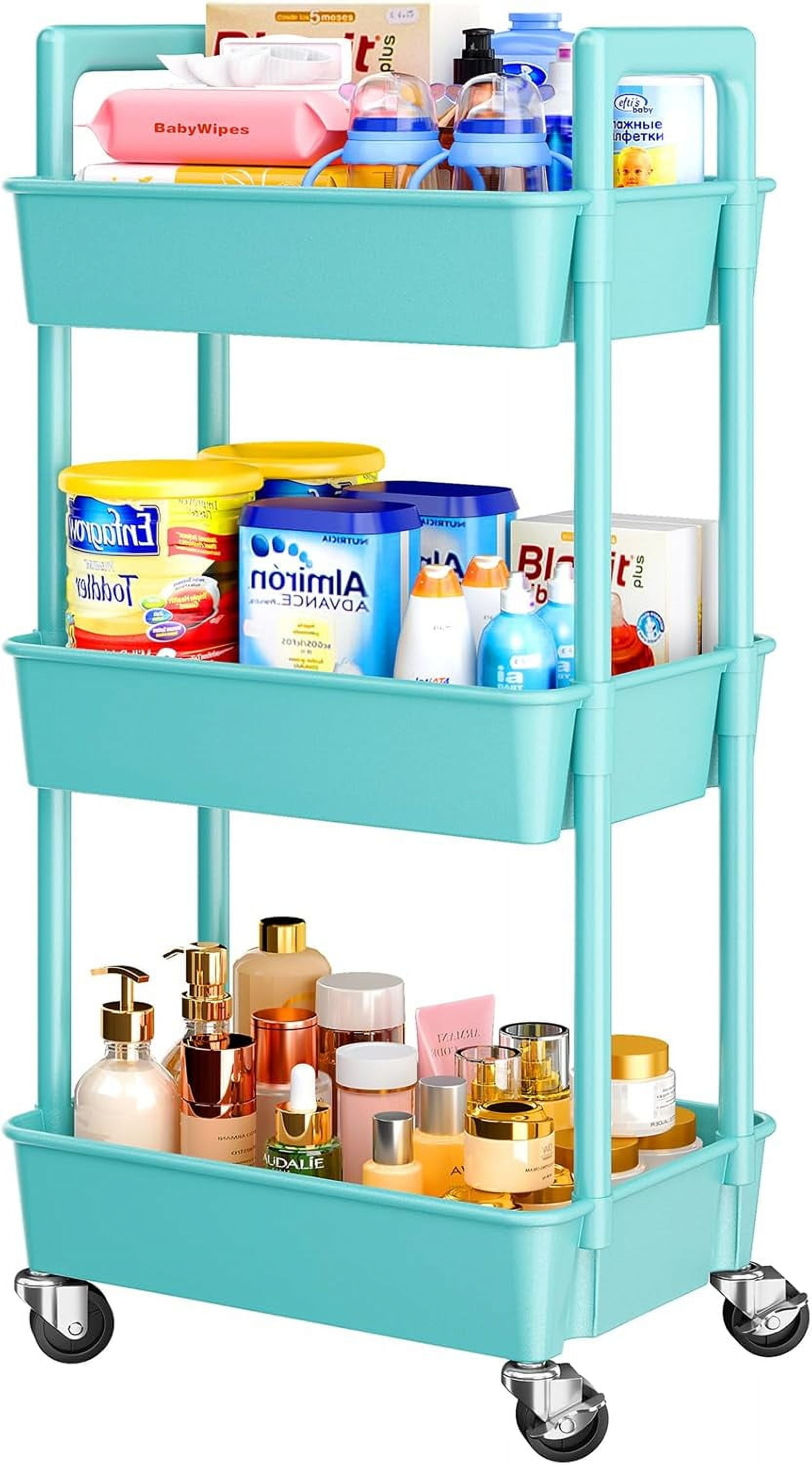 3 Tier Rolling Cart Organizer, Plastic Rolling Cart with Lockable ...