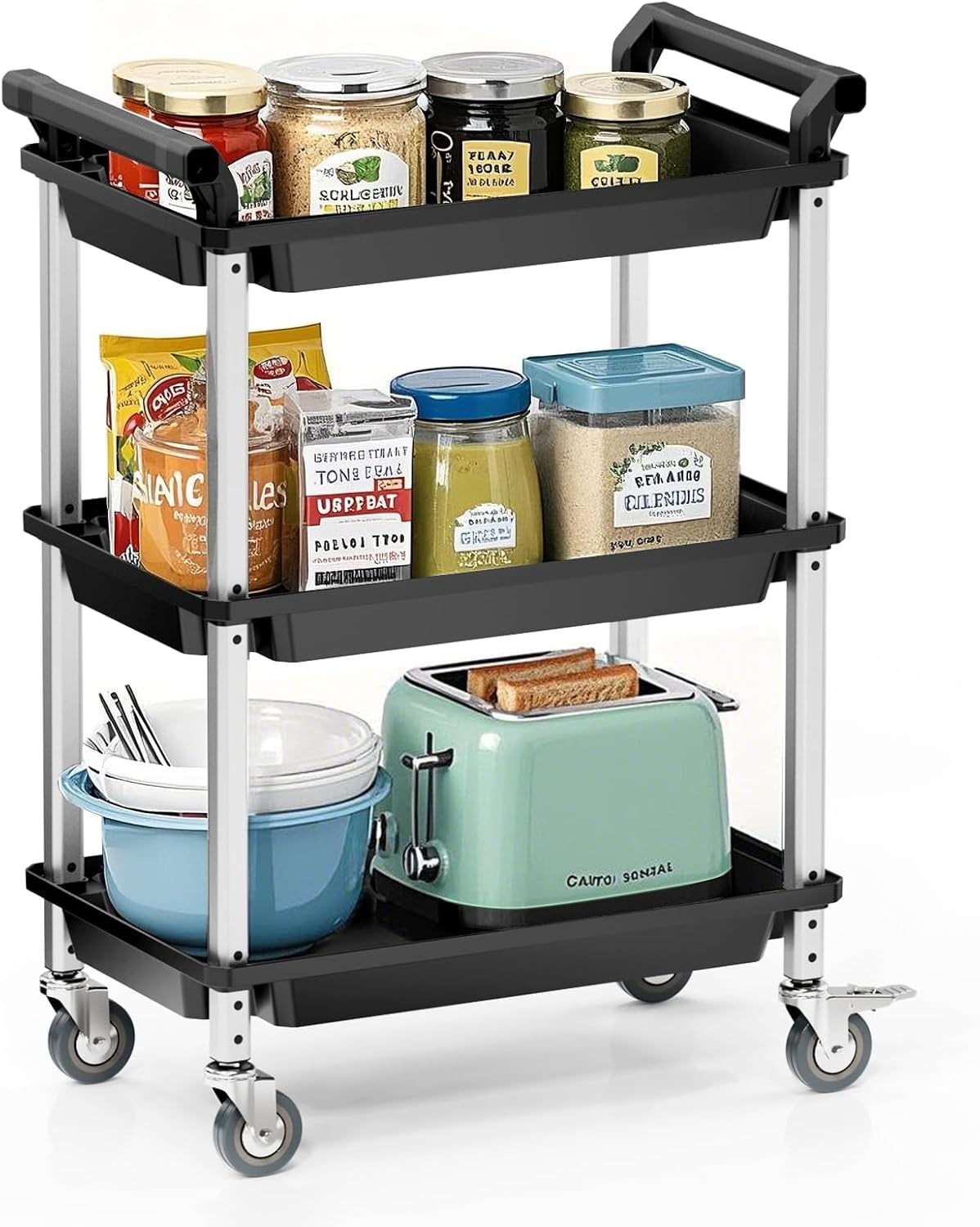 3 Tier Rolling Cart,Plastic Utility Cart with Handle,Rolling Carts with ...