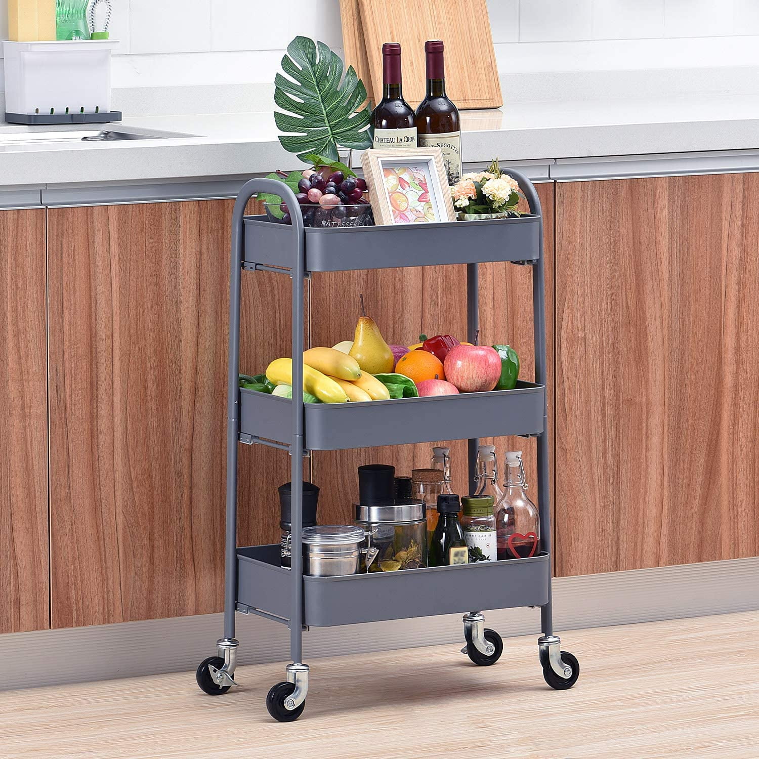3 Tier Rolling Cart, Screw Free Assembly, Sturdy Storage Trolley with ...