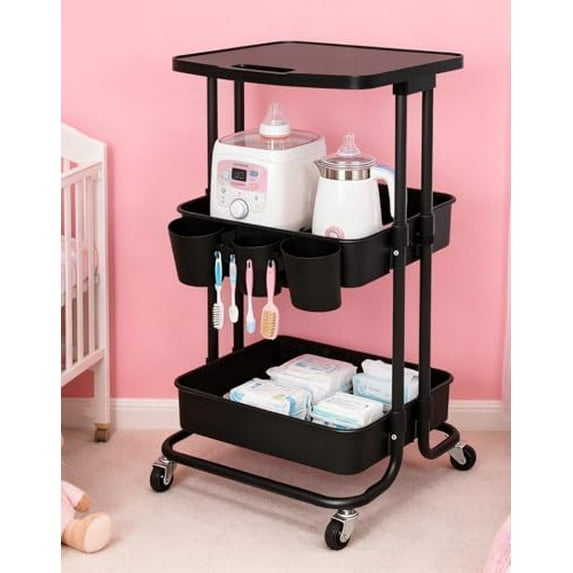 3 Tier Rolling Cart with Table Top, Black Metal Utility Storage ...