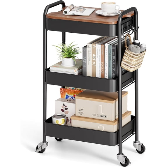3-Tier Rolling Cart with Table Top, Metal Storage Cart on Wheels ...