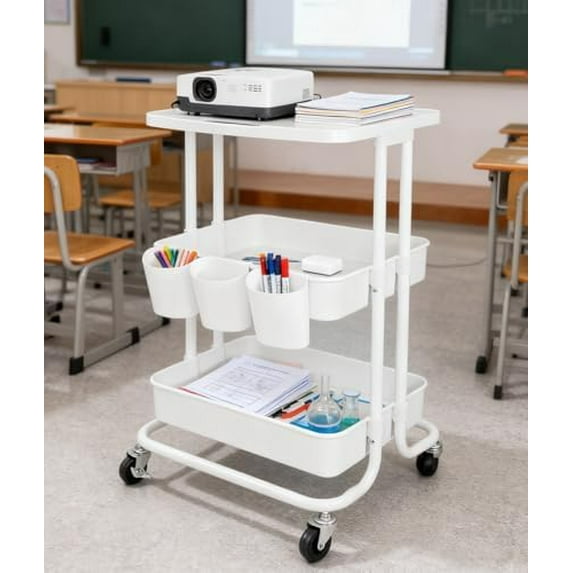 3 Tier Rolling Cart with Table Top, White Kitchen Storage Cart with ...