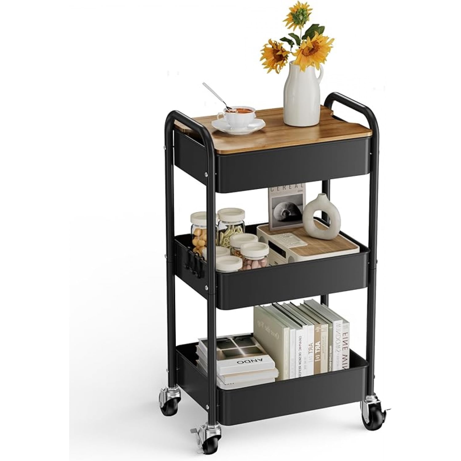 3 Tier Rolling Cart with Table top, Metal Rolling Utility Cart, Sturdy ...