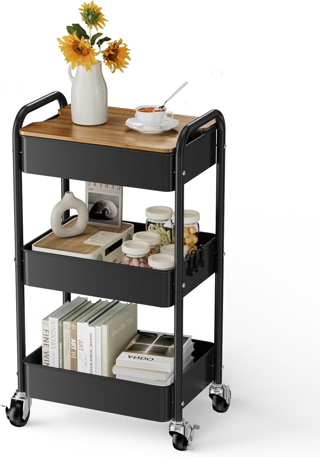 3 Tier Rolling Cart with Table top, Metal Utility Cart, Sturdy Storage ...