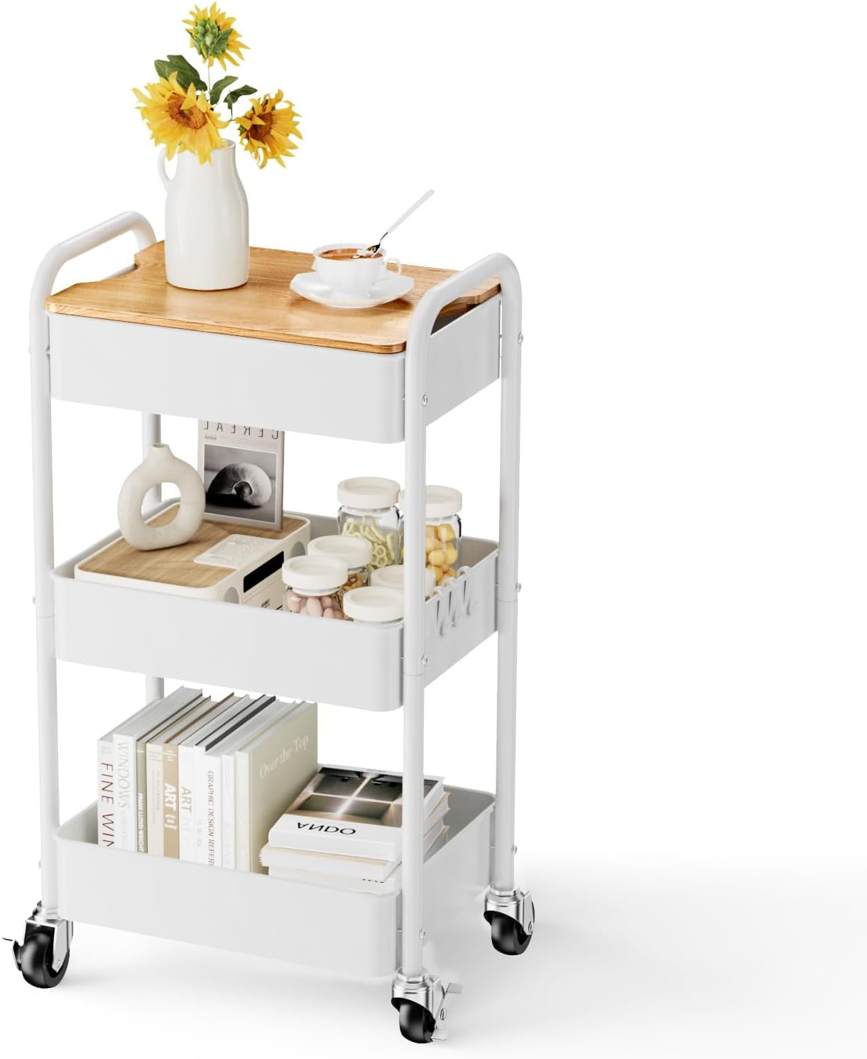 3 Tier Rolling Cart with Table top, Metal Rolling Utility Cart on ...