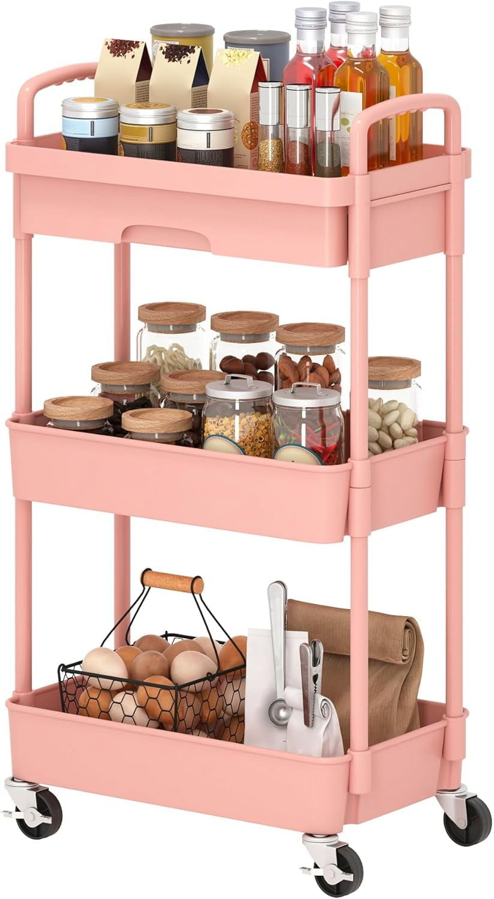3-Tier Rolling Cart, Trolley with Drawer, Kitchen Storage Organizer ...