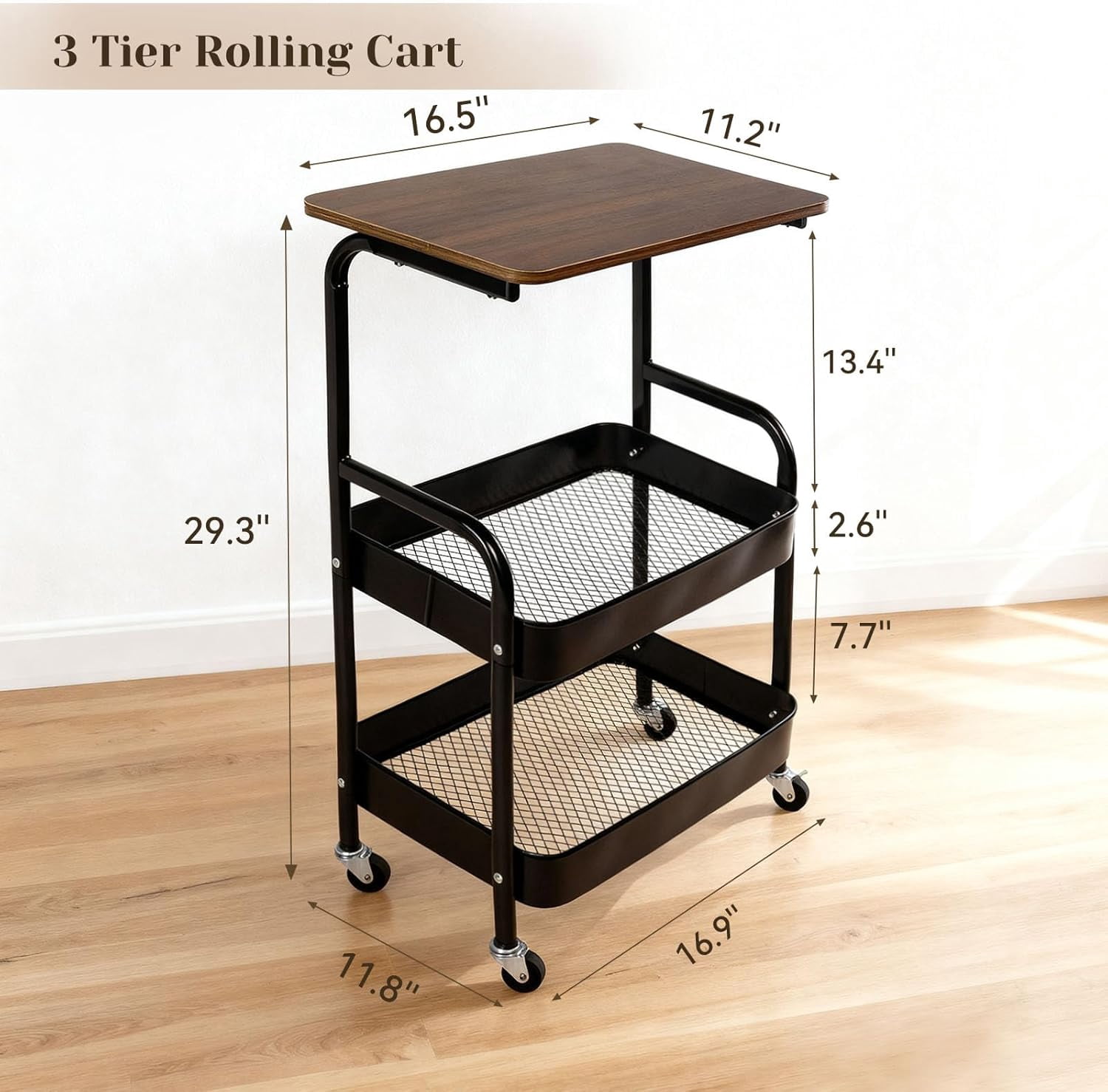 3 Tier Rolling Cart, Utility Rolling Carts with Wheels, Heavy Duty ...