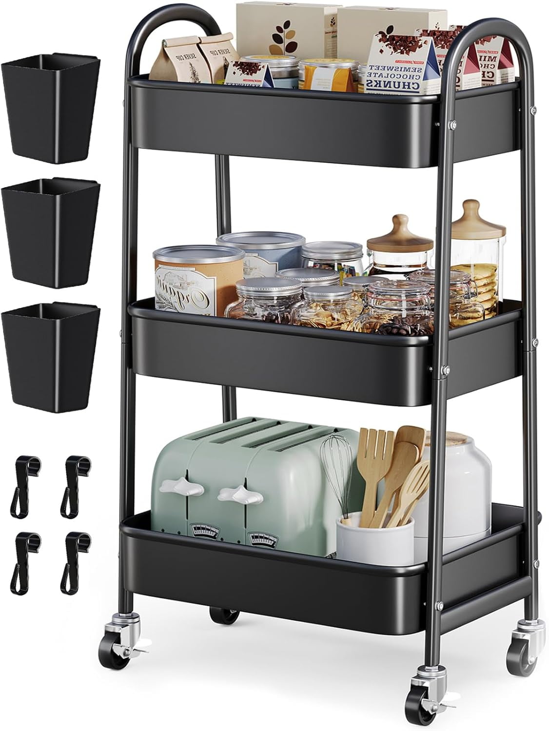 3 Tier Rolling Cart with Wheels, Metal Utility Cart on Wheels, Kitchen ...