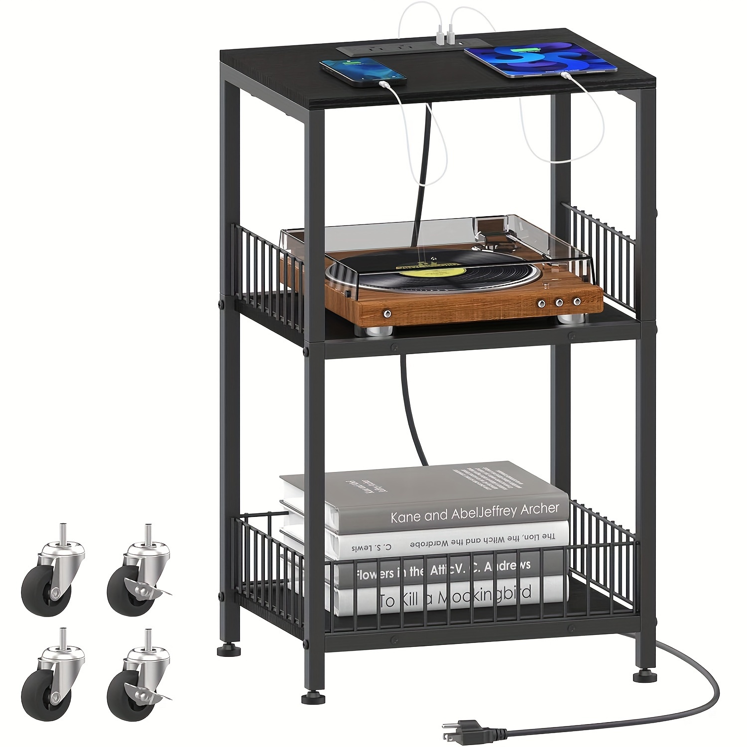 "3-Tier Rolling Cart with Charging Station - Locking Wheels & USB Ports ...