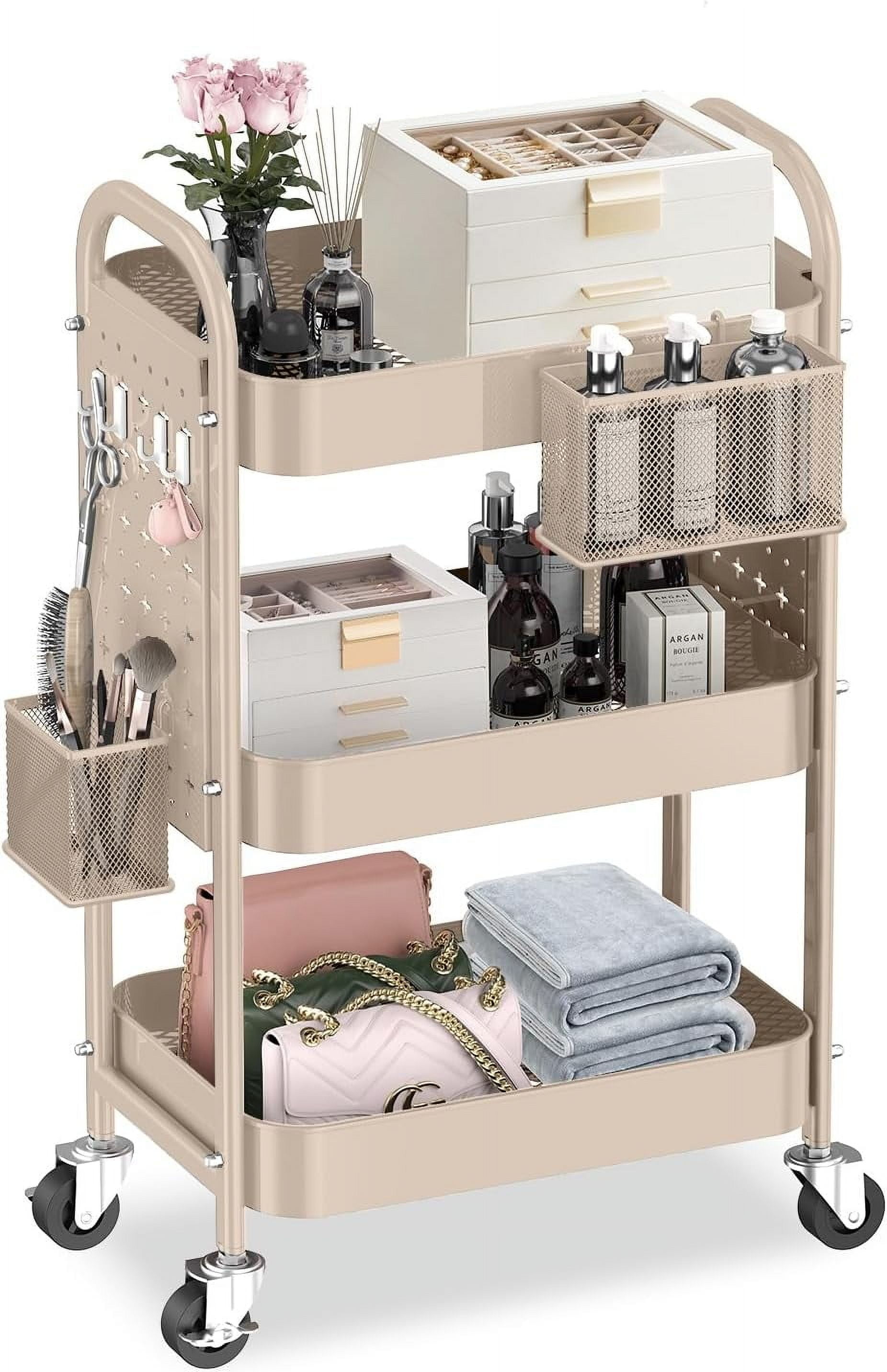 3 Tier Rolling Cart with DIY Pegboards Metal Utility Cart with Wheels ...