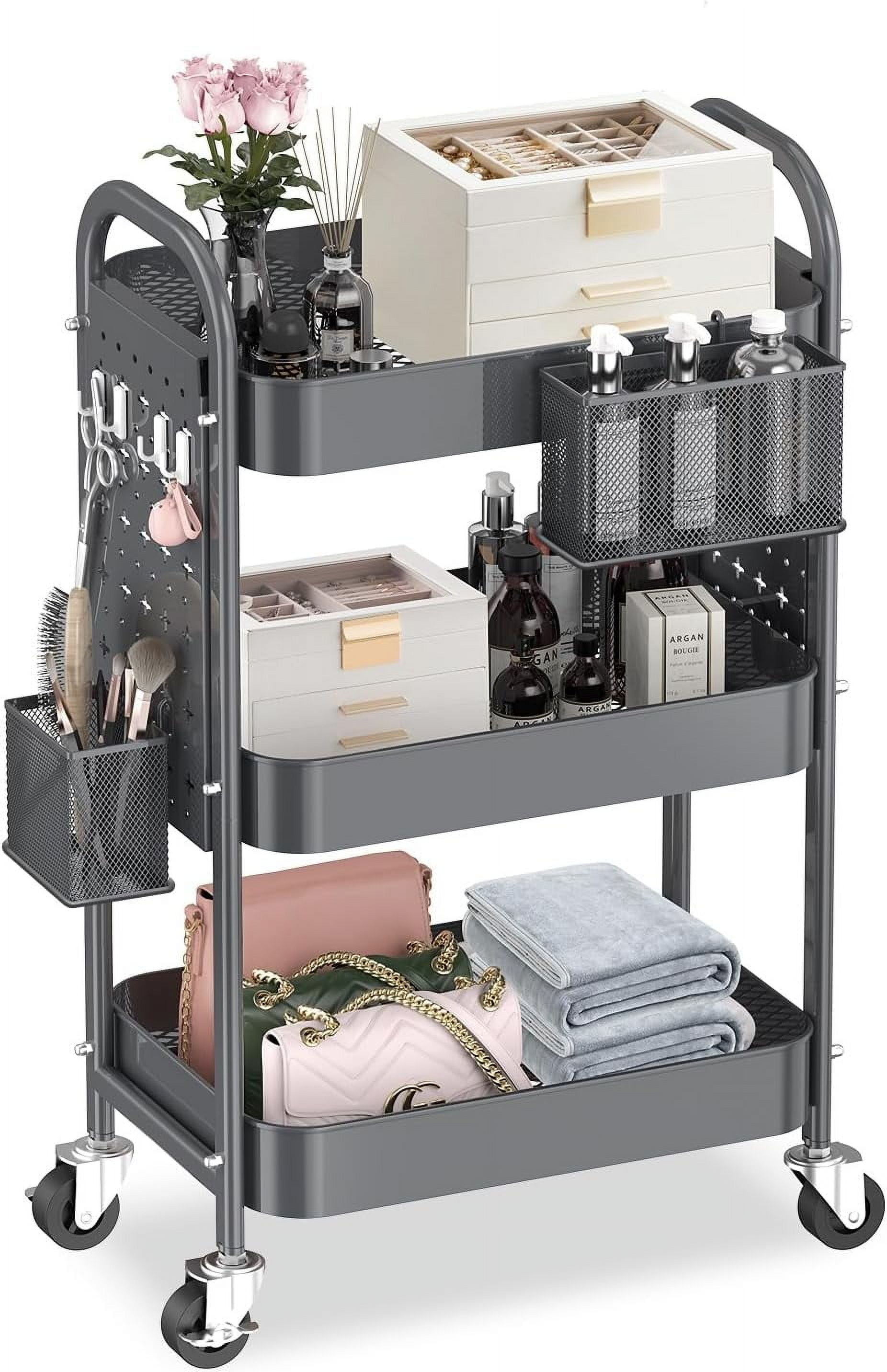 3 Tier Rolling Cart with DIY Pegboards Metal Utility Cart with Wheels ...