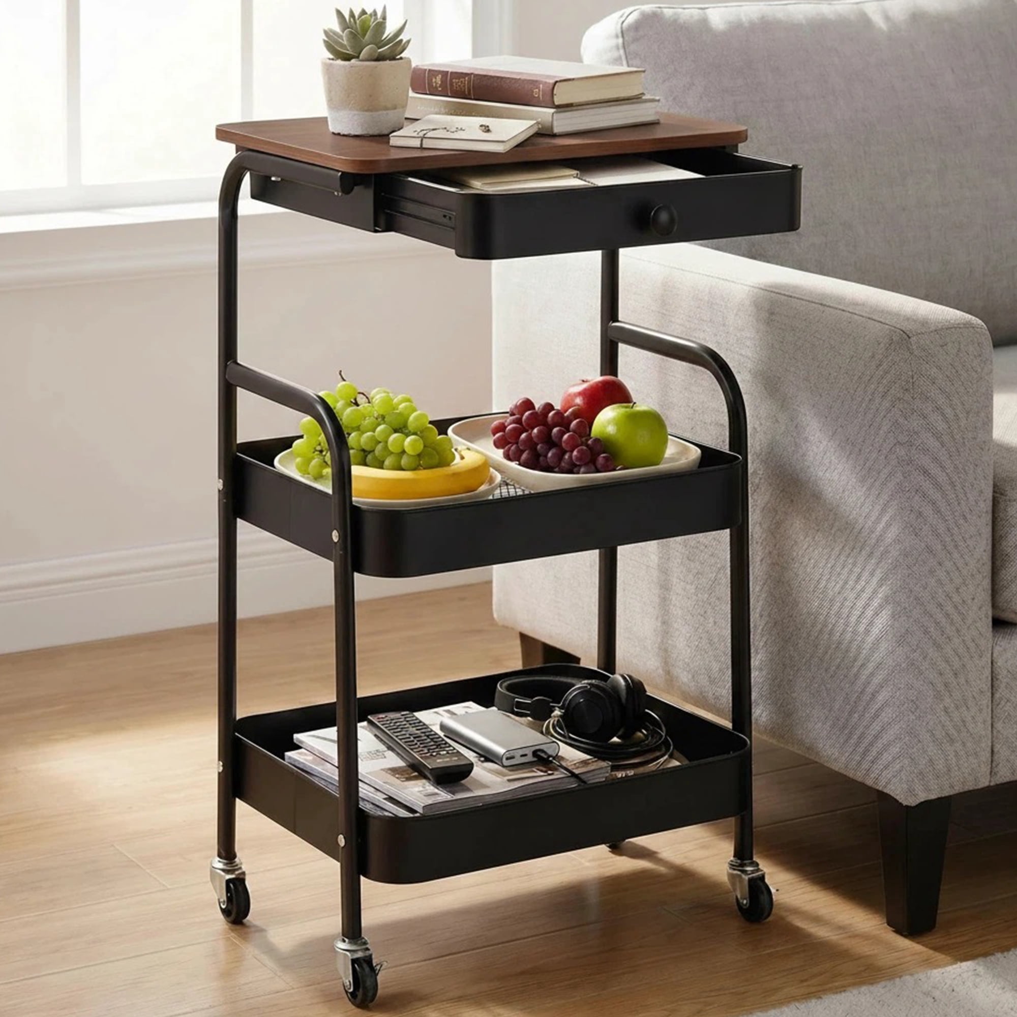 3 Tier Rolling Cart with Drawer Wood Table Top,Metal Utility Cart on ...