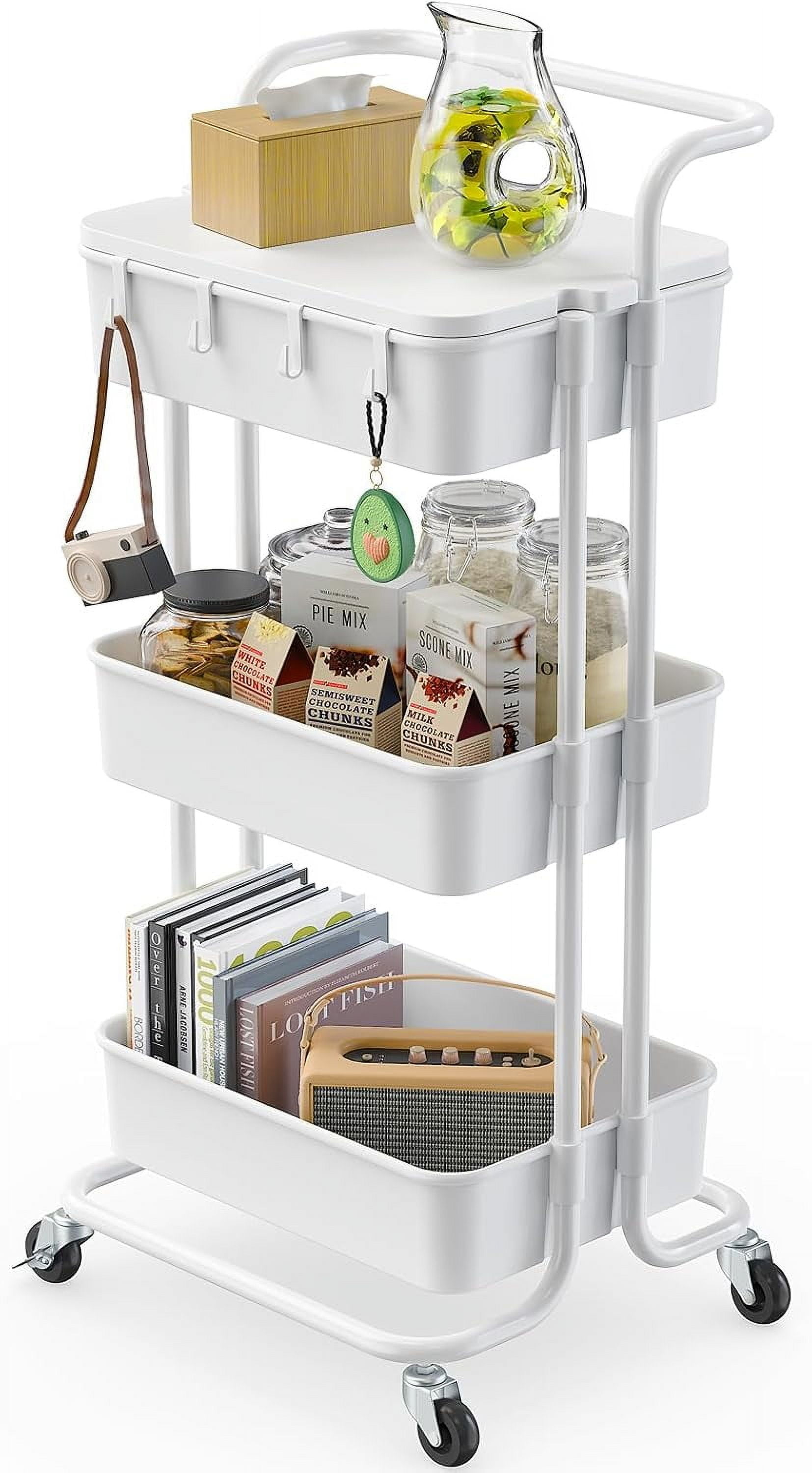3 Tier Rolling Cart with Table Top, Utility Cart with Wheels & 4 Hooks ...