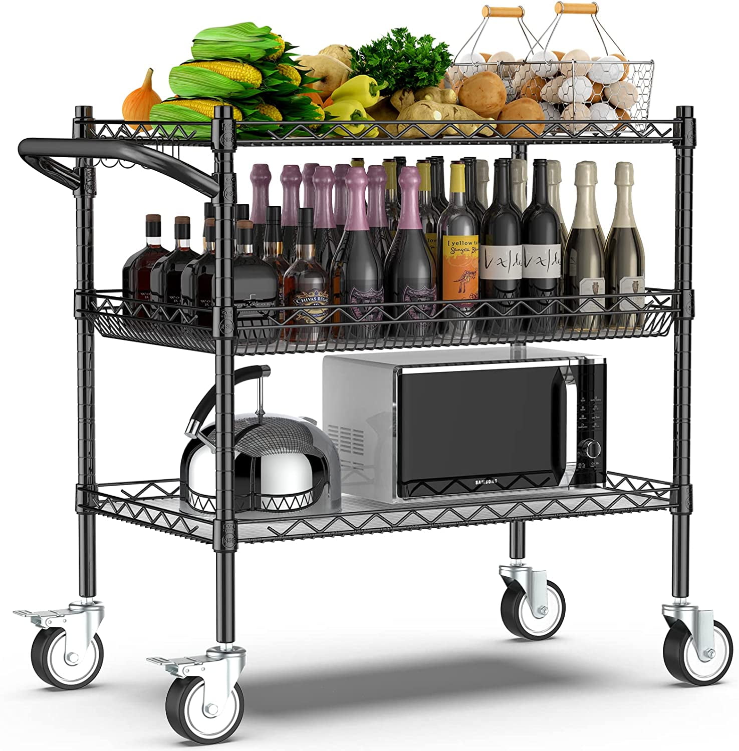 3 Tier Rolling Carts with Wheels,990Lbs Heavy Duty Rolling Utility Cart ...