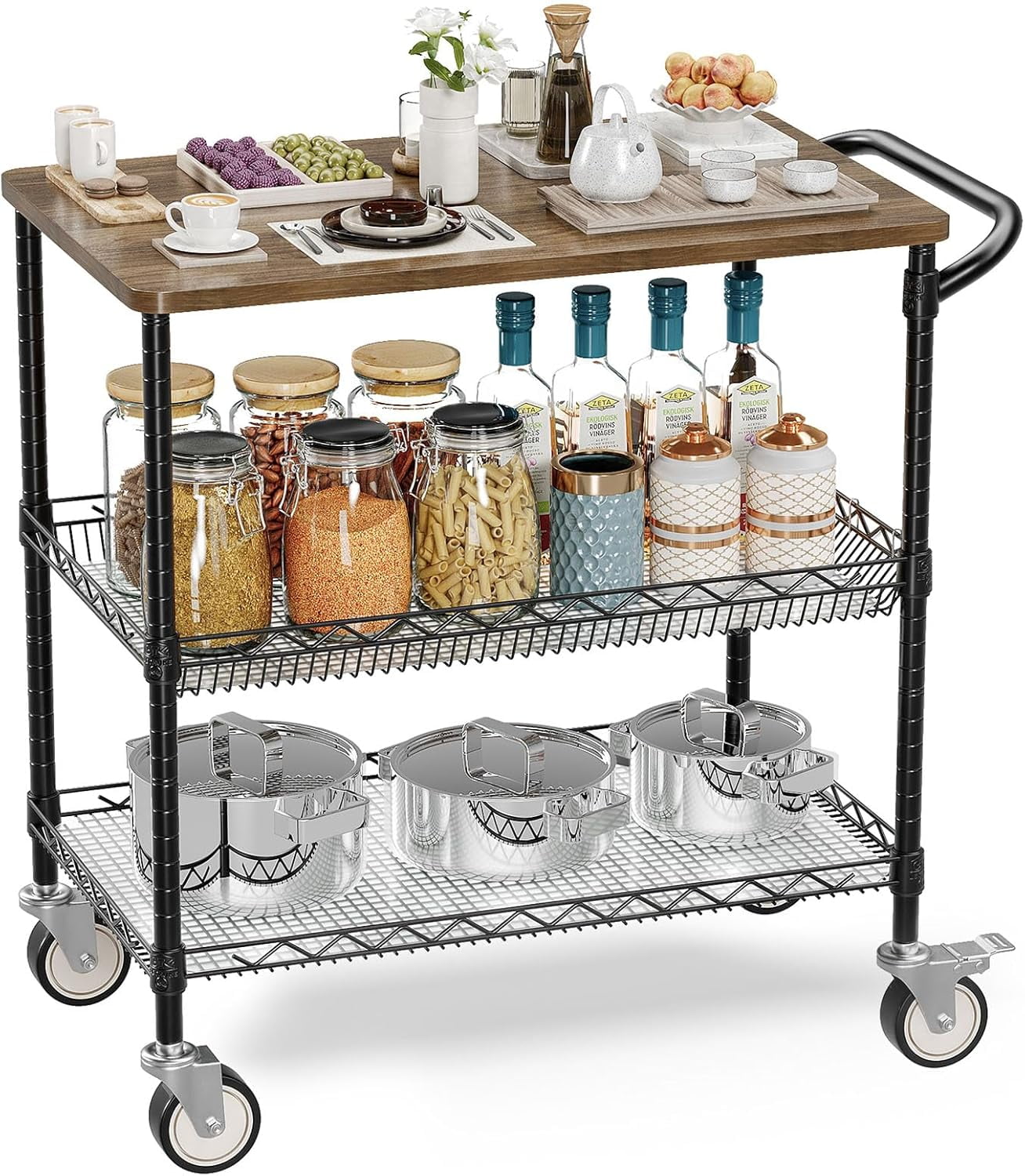 3 Tier Rolling Carts with Wheels, Heavy Duty Rolling Utility Cart with ...