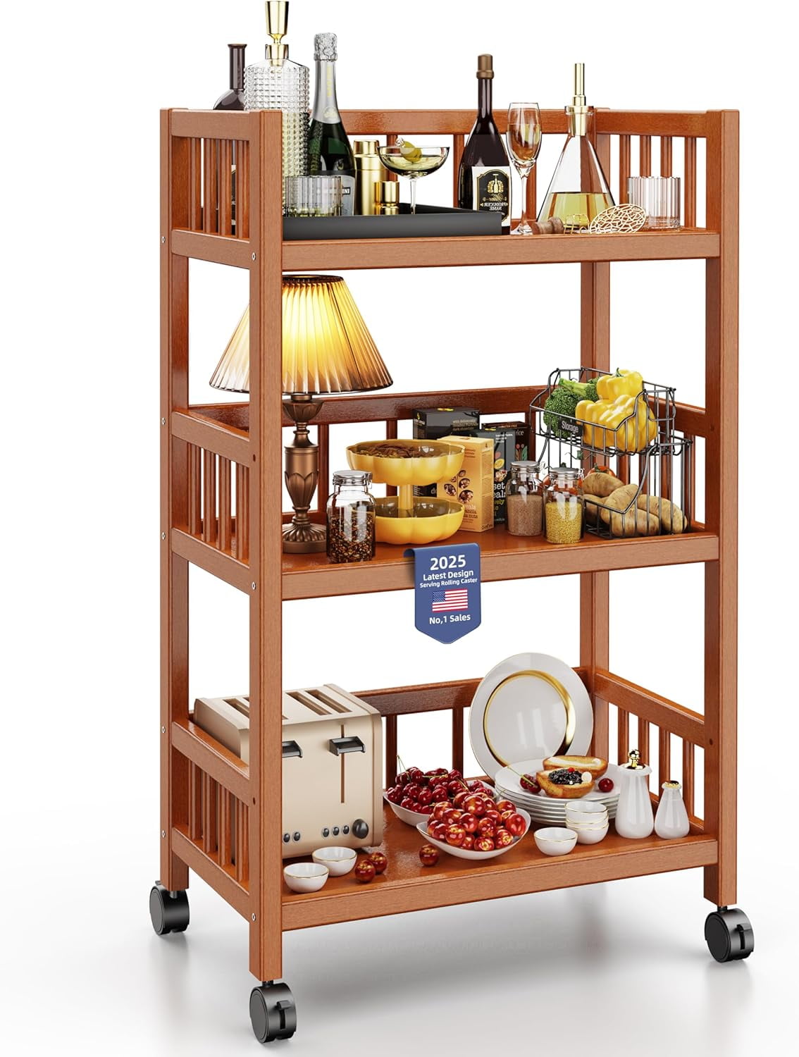 3 Tier Rolling Carts, Wooden Serving Storage Cart with Handle Multi ...