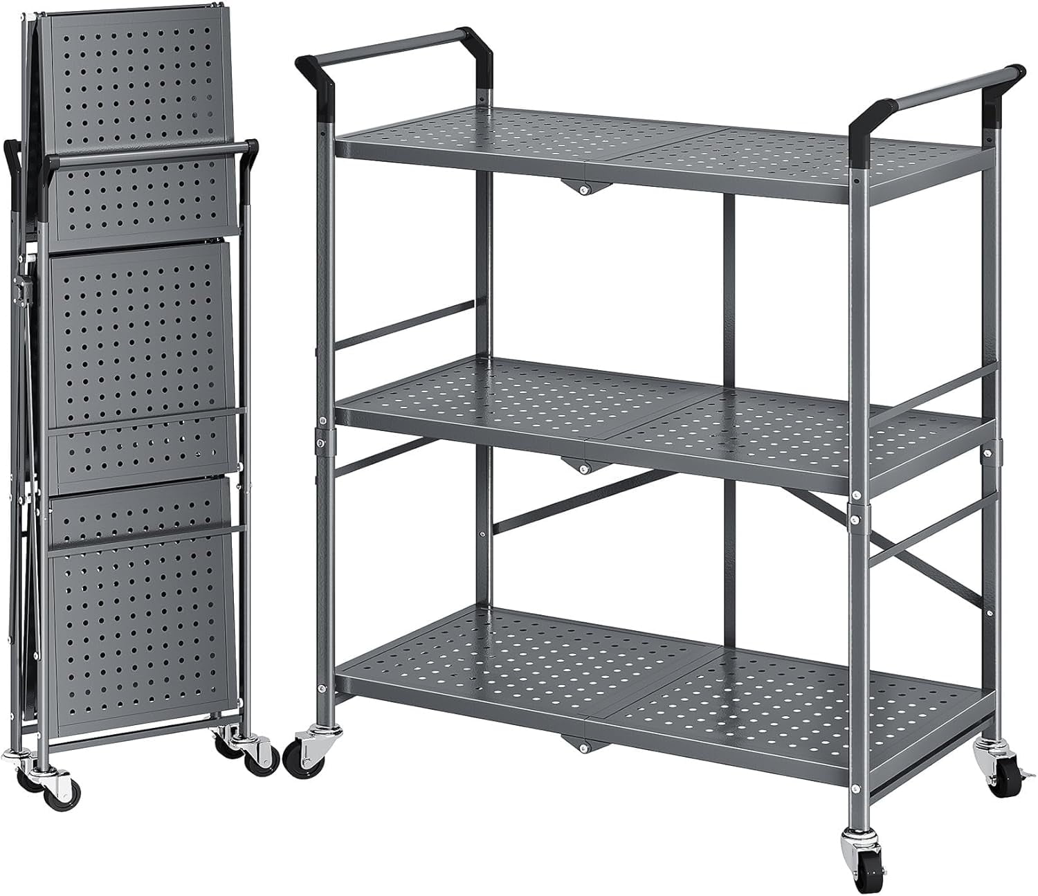 3 Tier Rolling Carts with Wheels - Metal Folding Utility Cart for ...