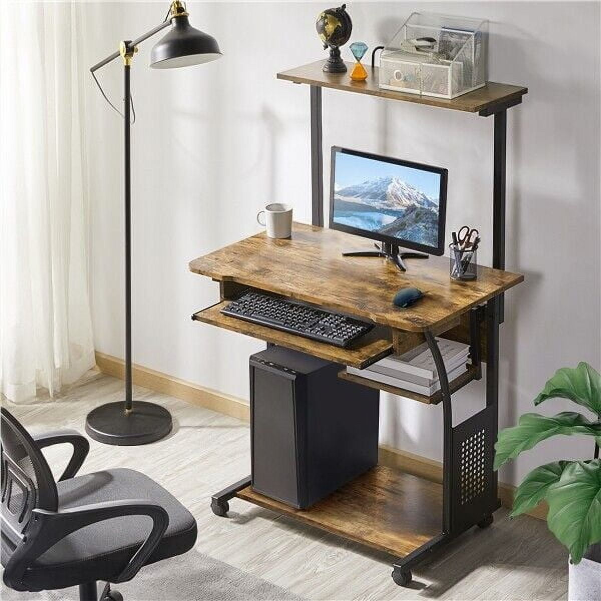 3 Tier Rolling Computer Desk w/Printer Shelf Keyboard Tray Rustic ...