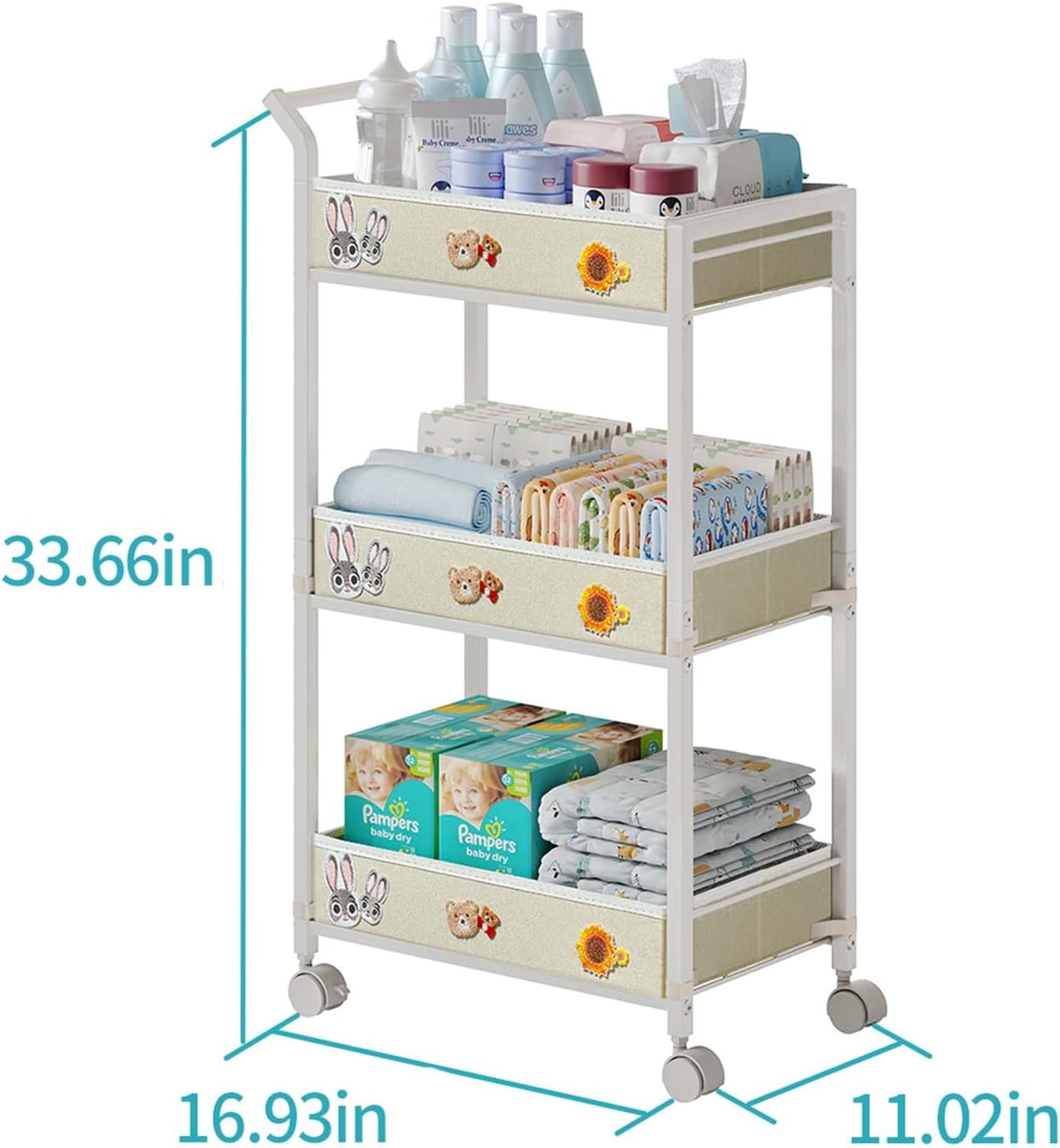 3-Tier Rolling Diaper Cart for Newborn Essentials, Large Capacity ...