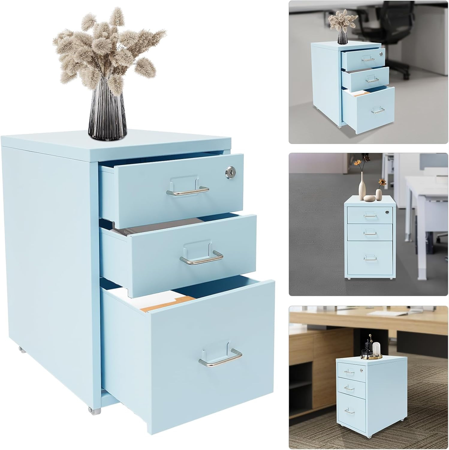 3-Tier Rolling File Cabinet with Lock Keys, 3 Drawers Lockable Vertical ...