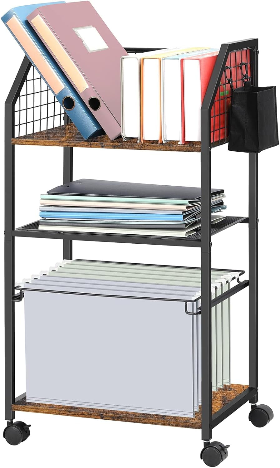 3-Tier Rolling File Cart with Hanging File Folders, Mobile Desk File ...