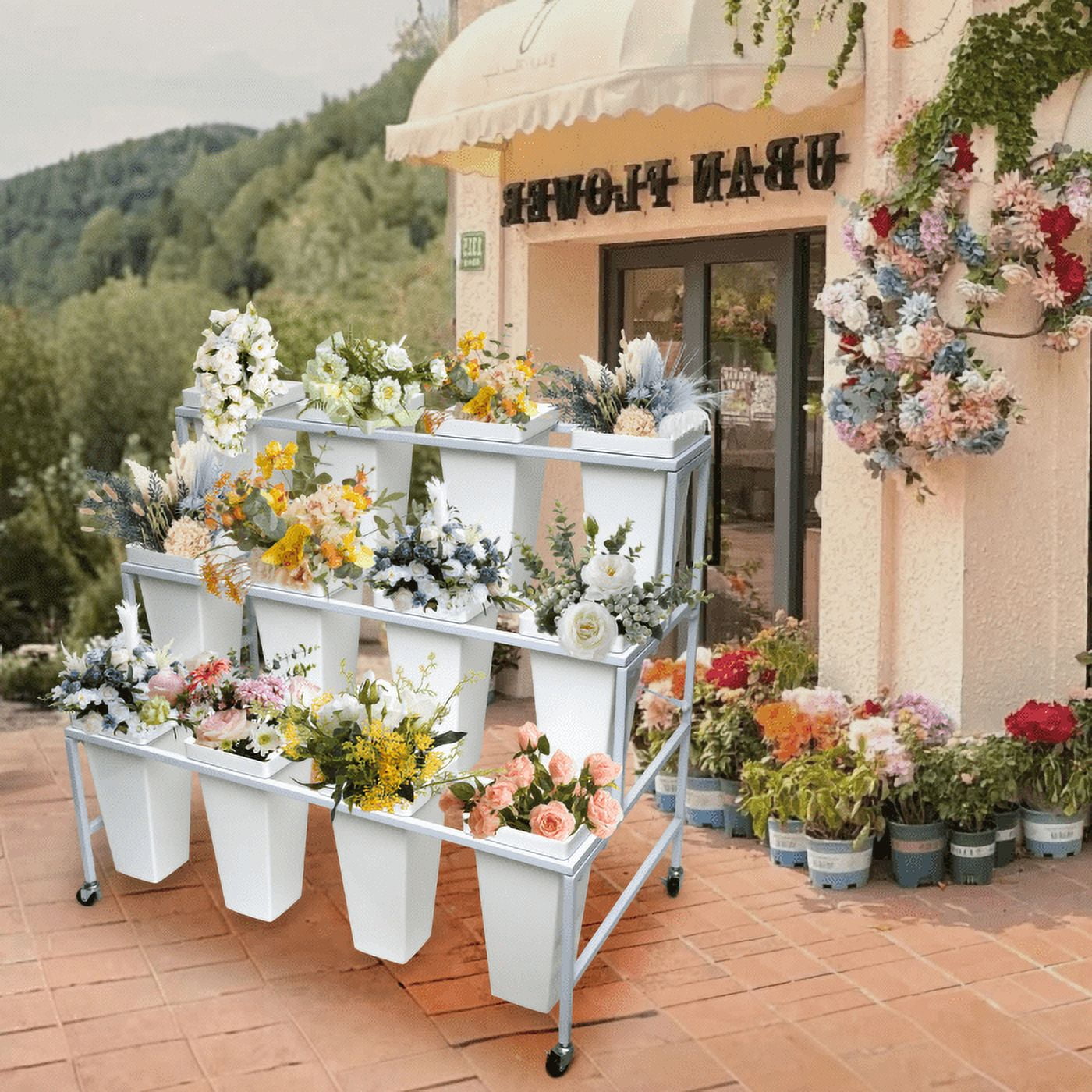 3-Tier Rolling Flower Display Rack with 12 Pots & Heavy-Duty Wheels ...