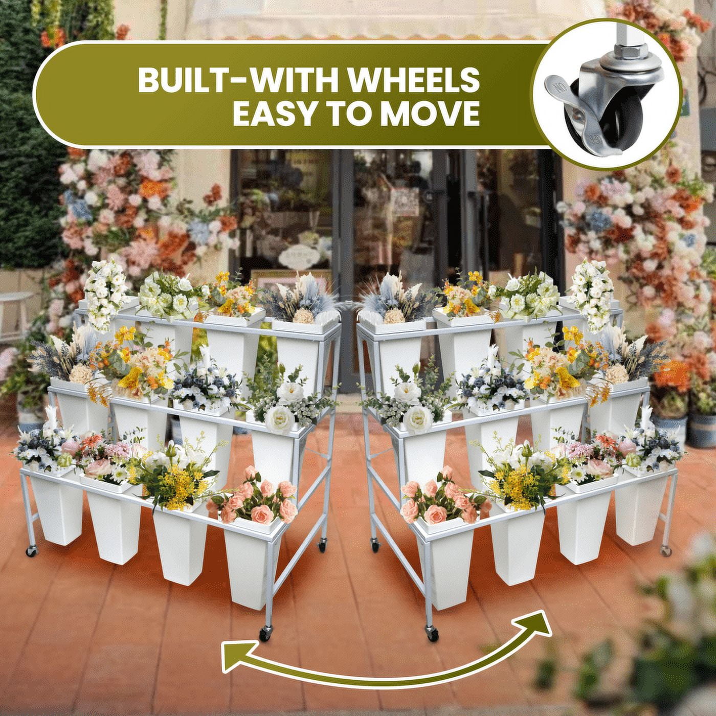 3-Tier Rolling Flower Rack with 12 Pots & Heavy-Duty Wheels – Sturdy ...