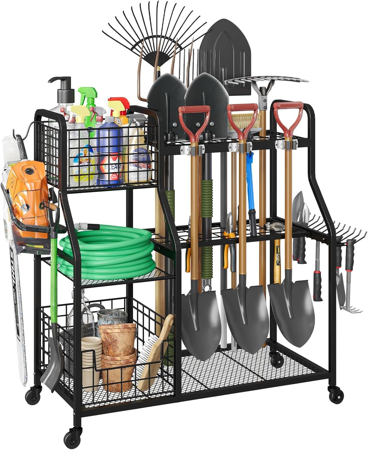 3-Tier Rolling Garden Tool Organizer – Freestanding Yard Storage Rack ...