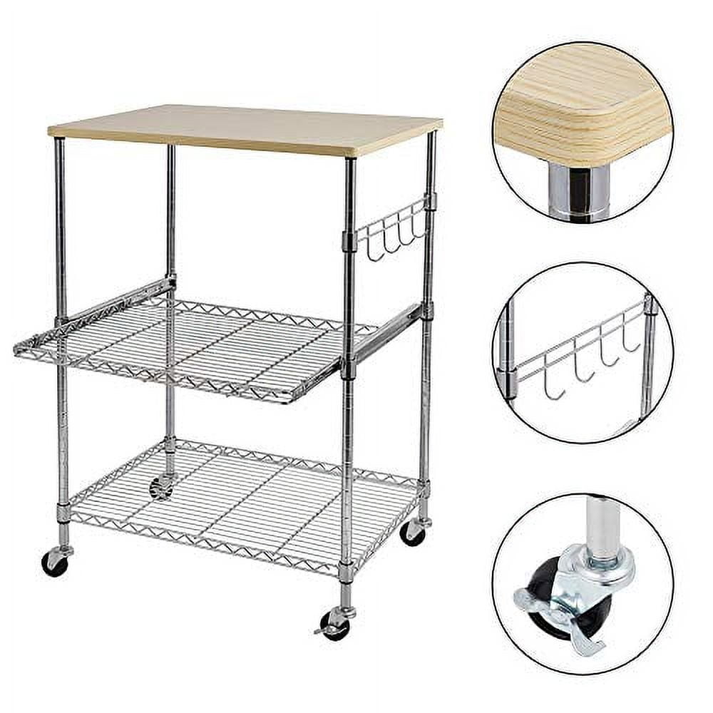 3-Tier Rolling Kitchen Cart, Microwave Cart with Oak Wood Tabletop and ...