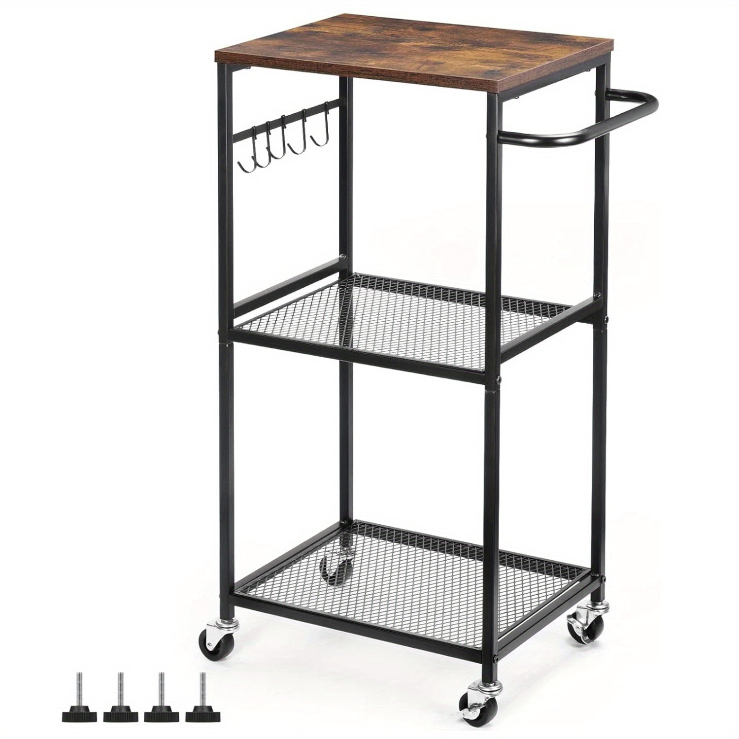 3-Tier Rolling Kitchen Cart with Wooden Top, Mobile Utility Cart with ...