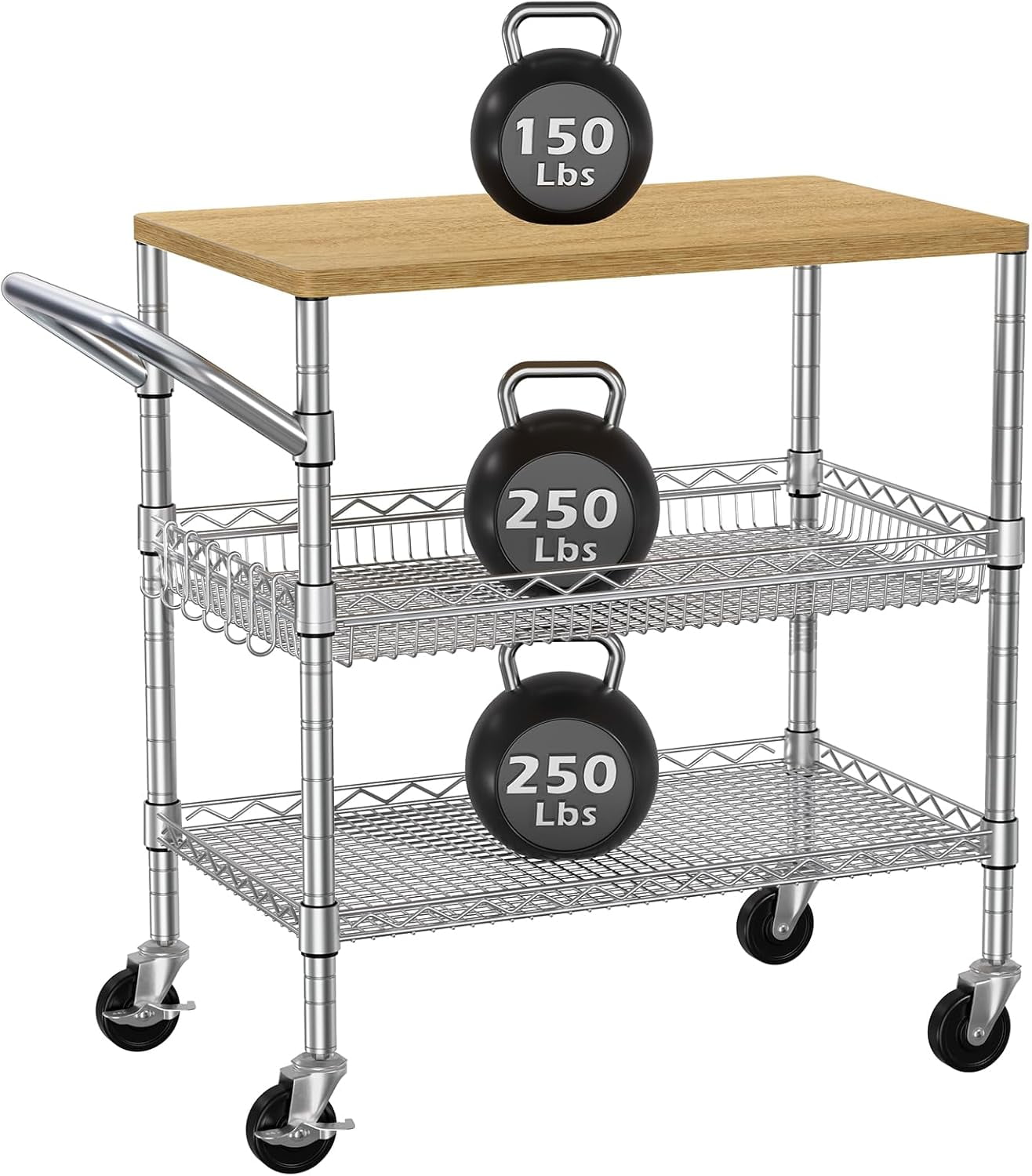 3 Tier Rolling Kitchen Carts on Wheels with Storage,650Lbs Heavy Duty ...