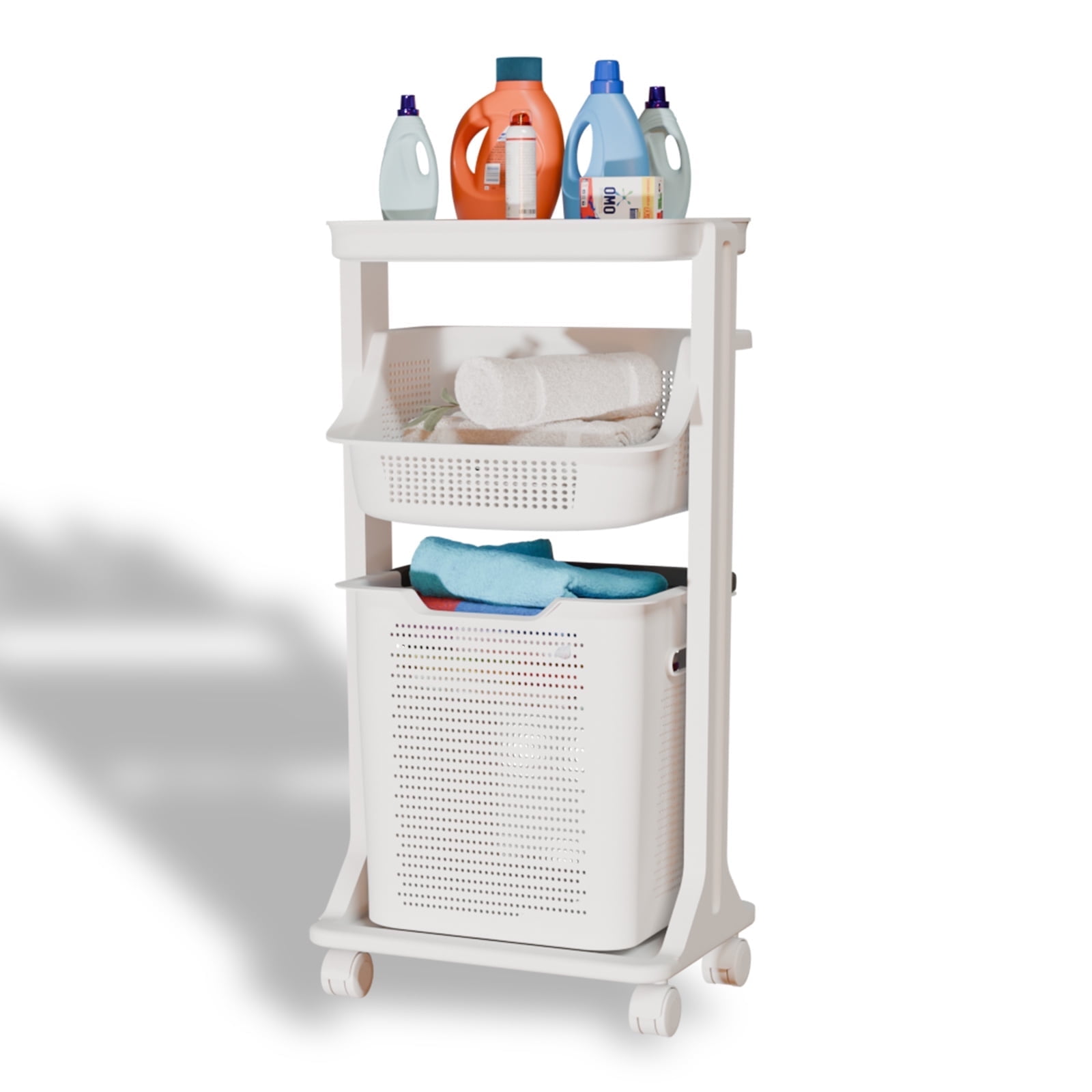 3 Section Rolling Laundry Cart, Large Capacity, Hollow Hamper on Wheels ...