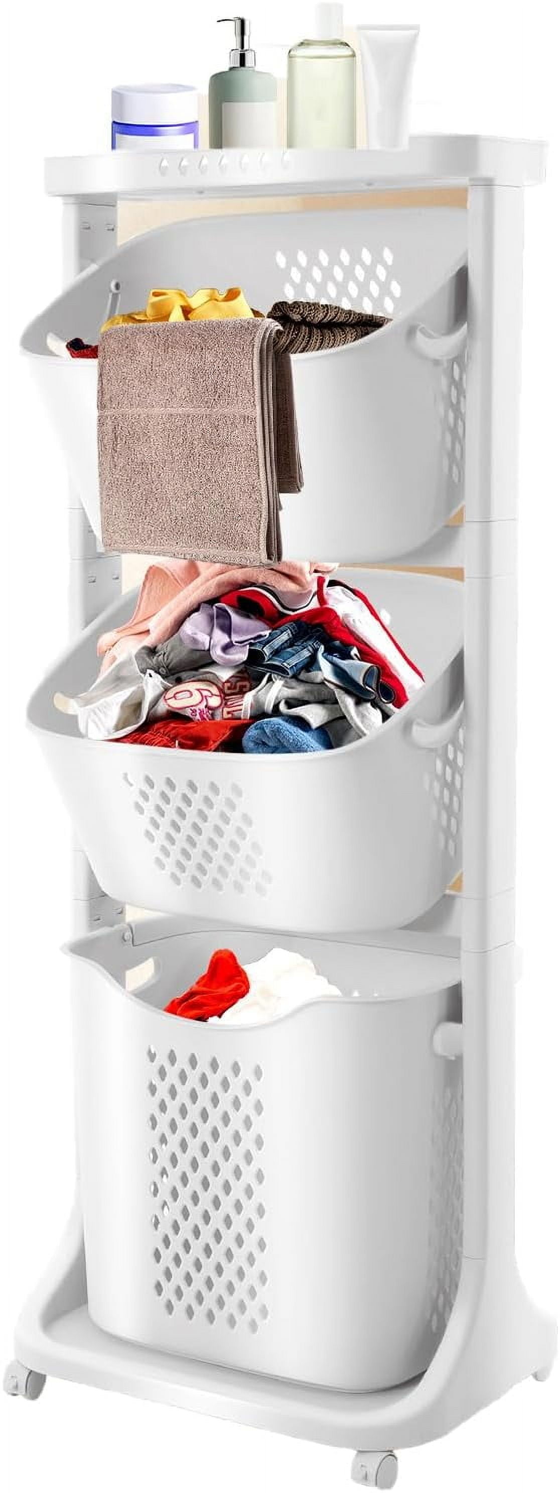 3 Tier Rolling Laundry Basket，Dirty Clothes Laundry Sorter with Shelf ...