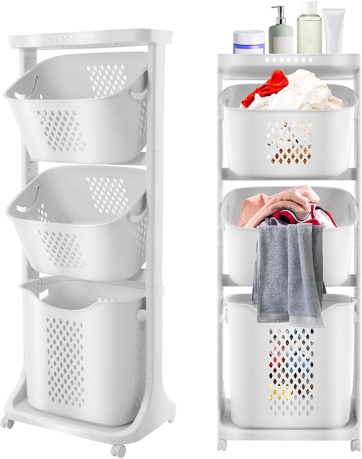 3 Tier Rolling Laundry Basket Vertical laundry hamper Sorter Cart with ...