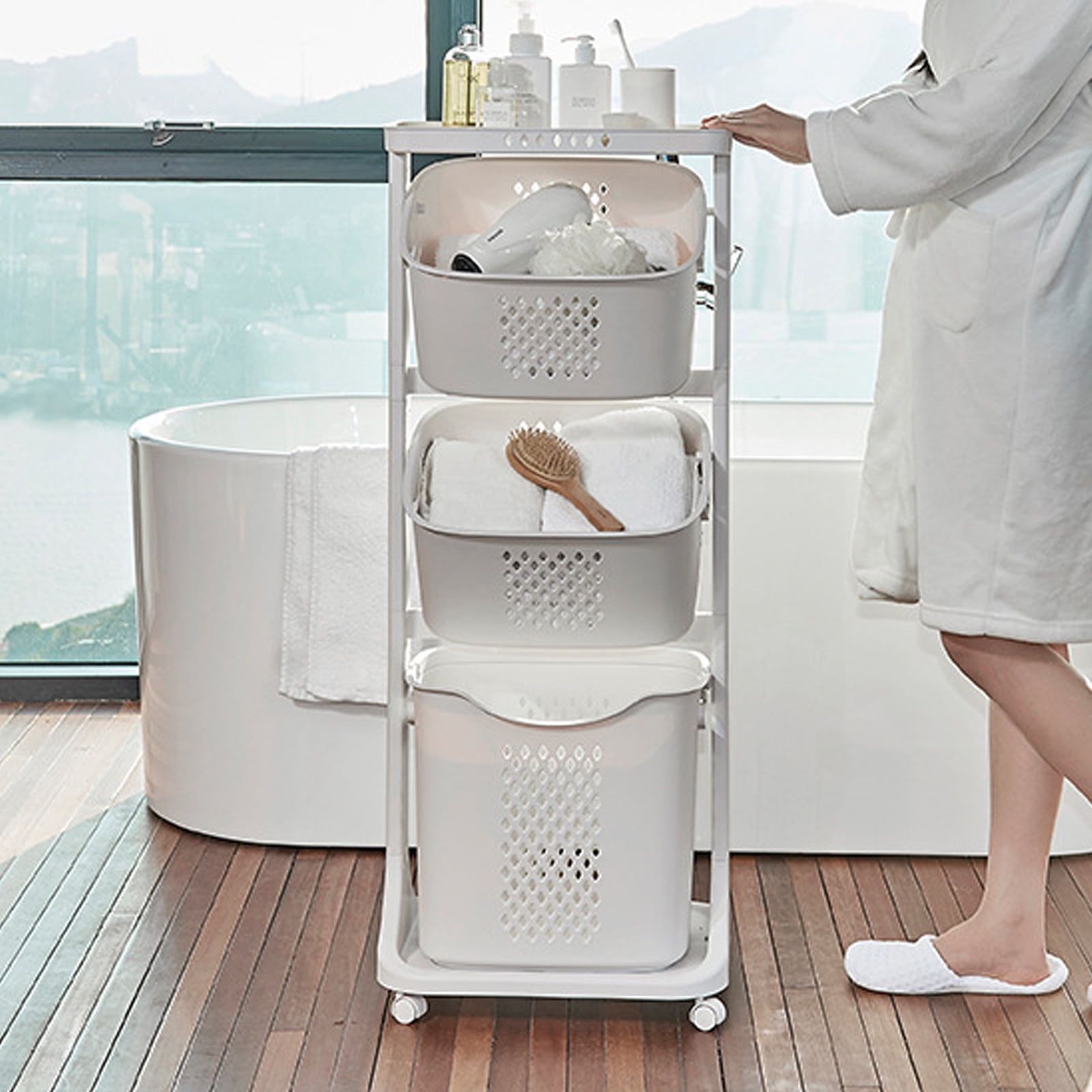 3 Tier Rolling Laundry Hamper Cart, Hollow Laundry Basket with Wheels ...