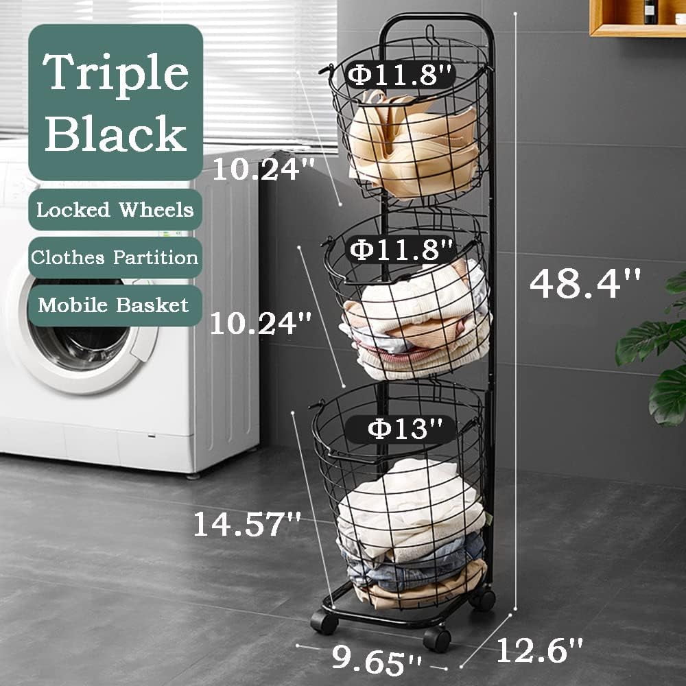 3 Tier Rolling Laundry Hamper with 3 Removable Wire Basket, Metal ...
