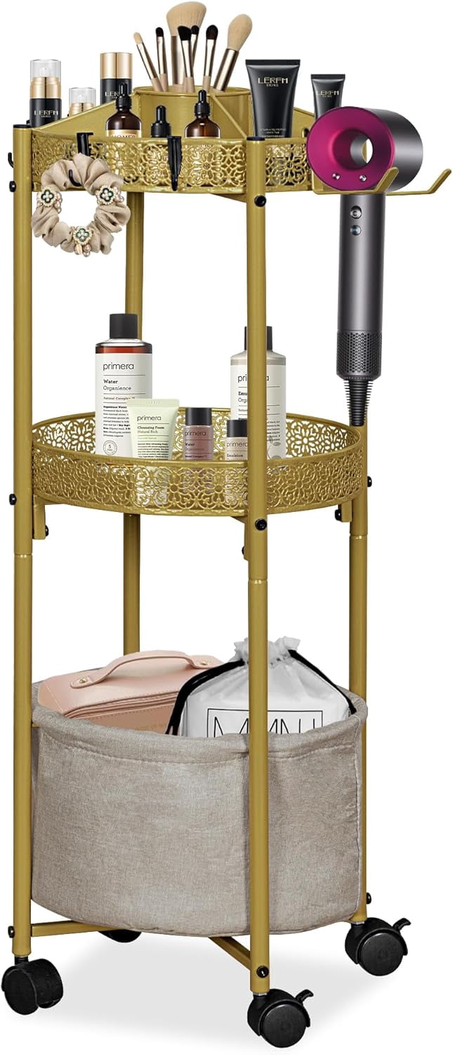 3-Tier Rolling Makeup Organizer Cart with Hair Dryer Holder - Salon ...