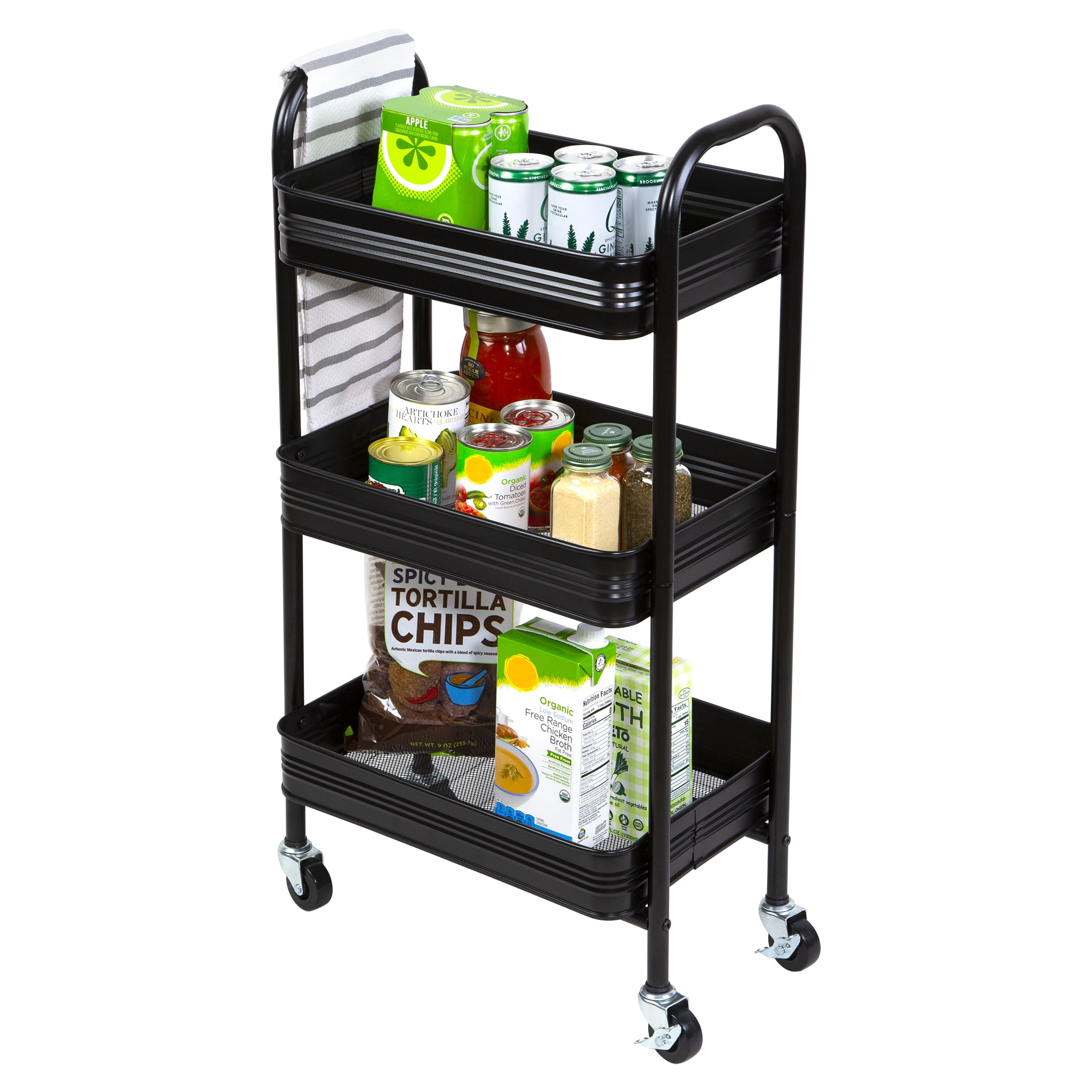 3 Tier Rolling Metal Cart with Wheels, Black - Walmart Business Supplies