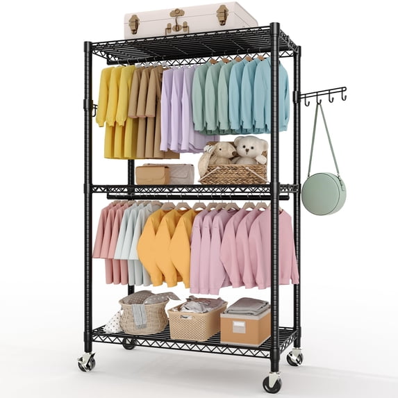 3-Tier Rolling Metal Garment Rack with Adjustable Shelves & Dual ...