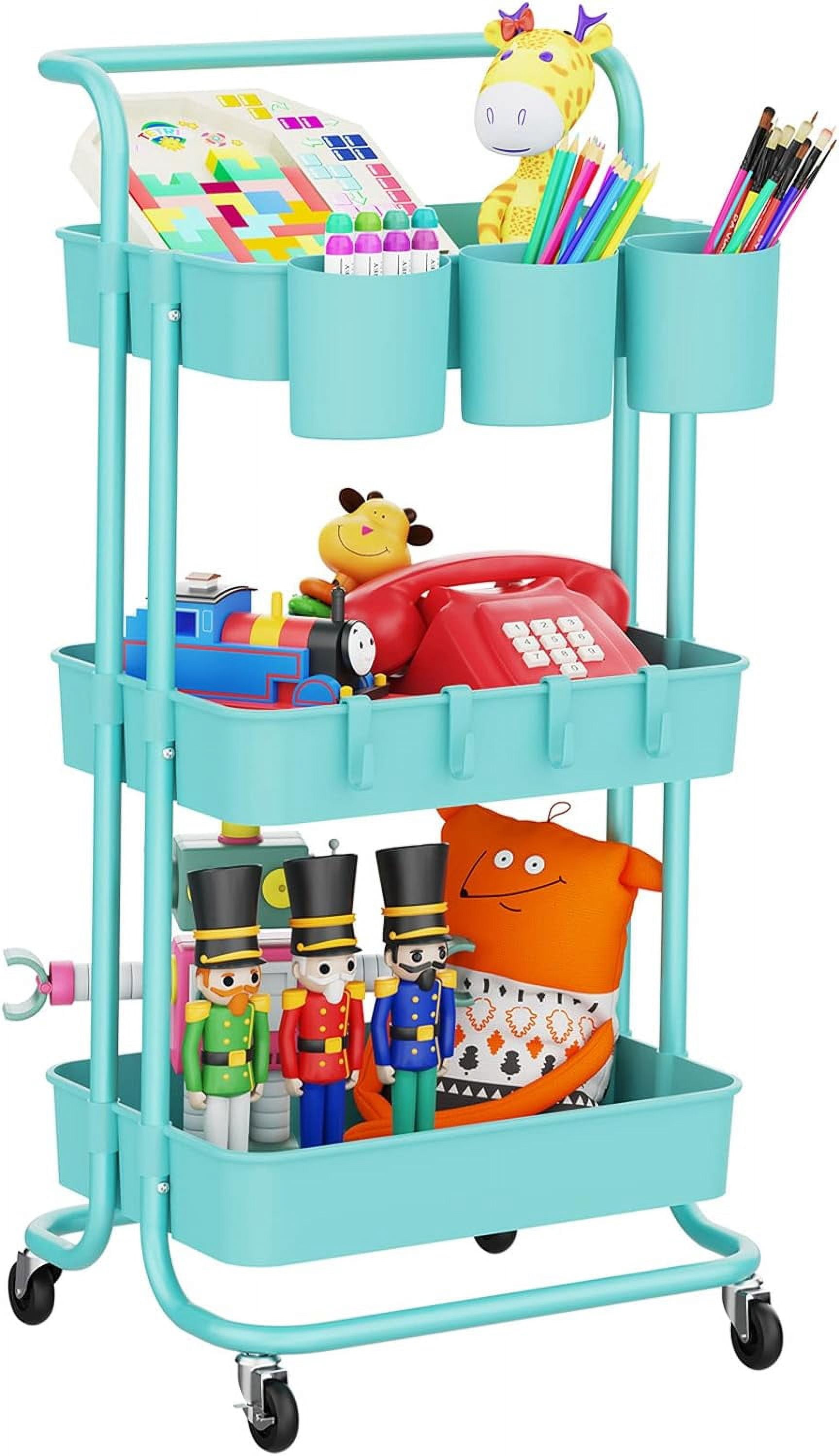 3-Tier Rolling Mobile Utility Cart with Hanging Cups & Hooks & Handle ...
