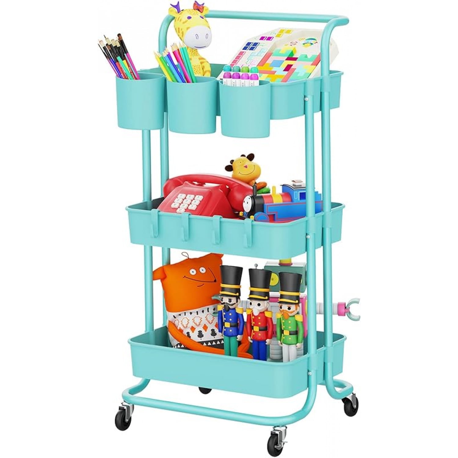 3-Tier Rolling Mobile Utility Cart with Hanging Cups & Hooks & Handle ...