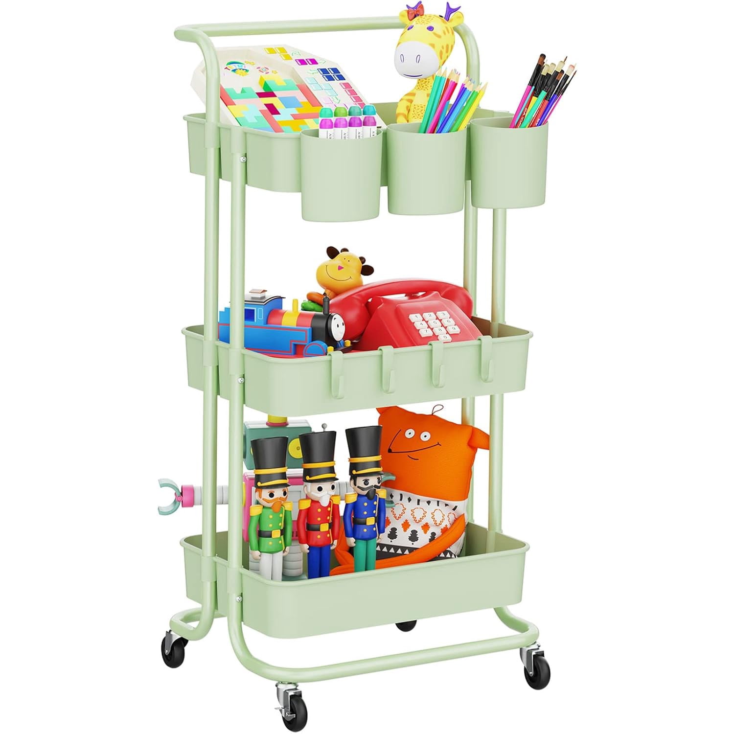 3-Tier Rolling Mobile Utility Cart with Hanging Cups & Hooks & Handle ...
