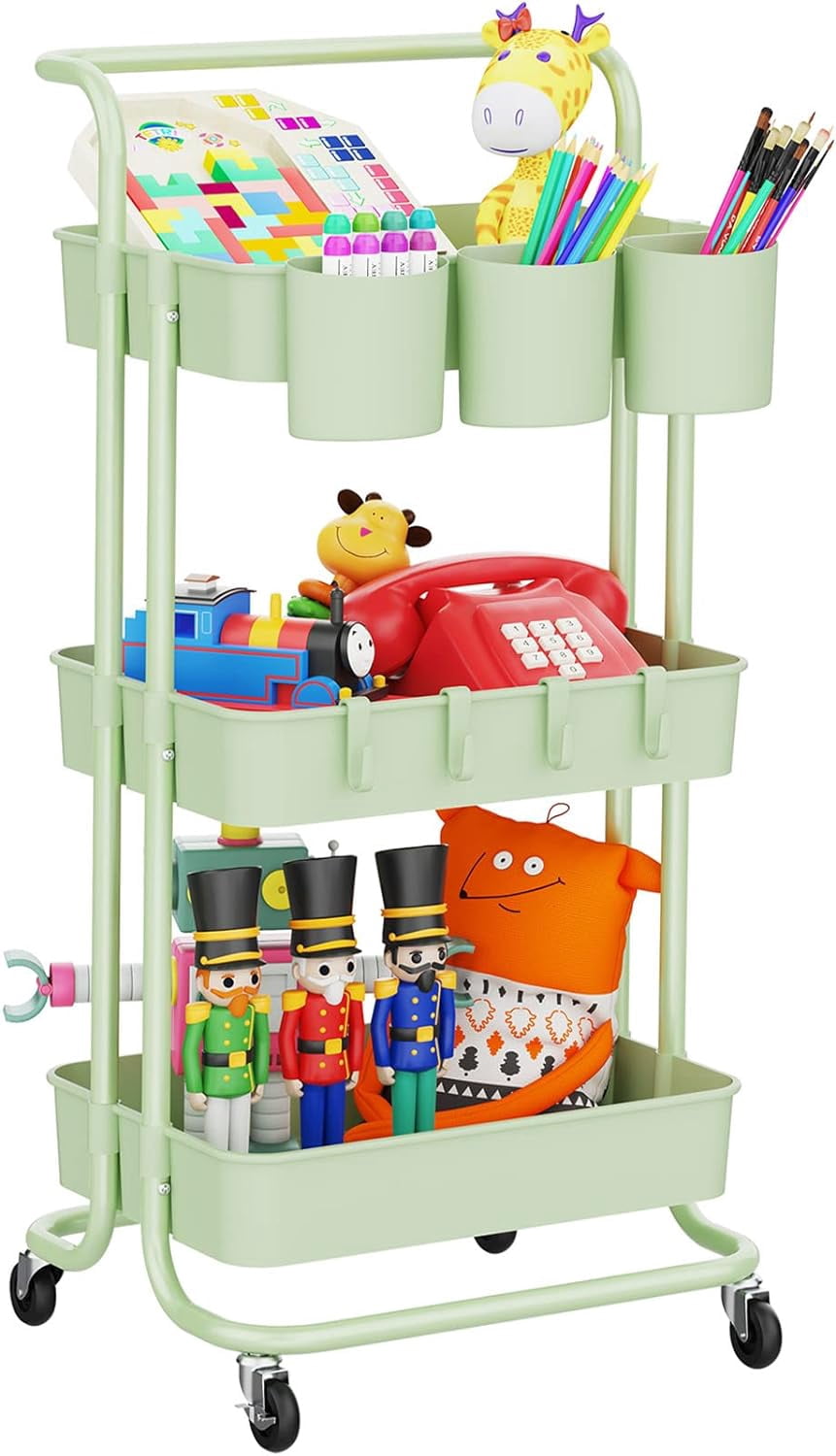 3-Tier Rolling Mobile Utility Cart with Hanging Cups & Hooks & Handle ...