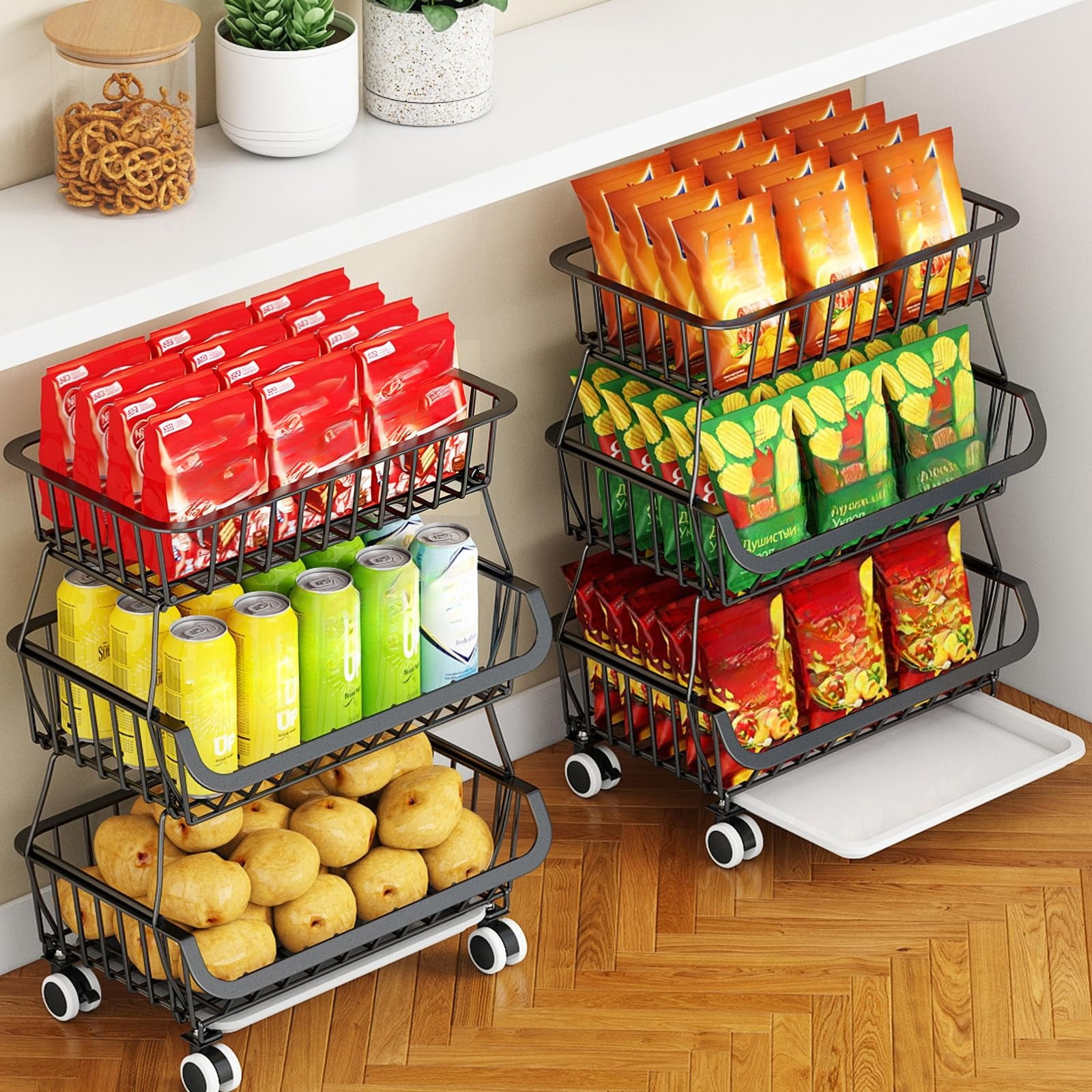 3-Tier Rolling Pantry Cart with Wheels, Stackable Wire Storage Floor ...