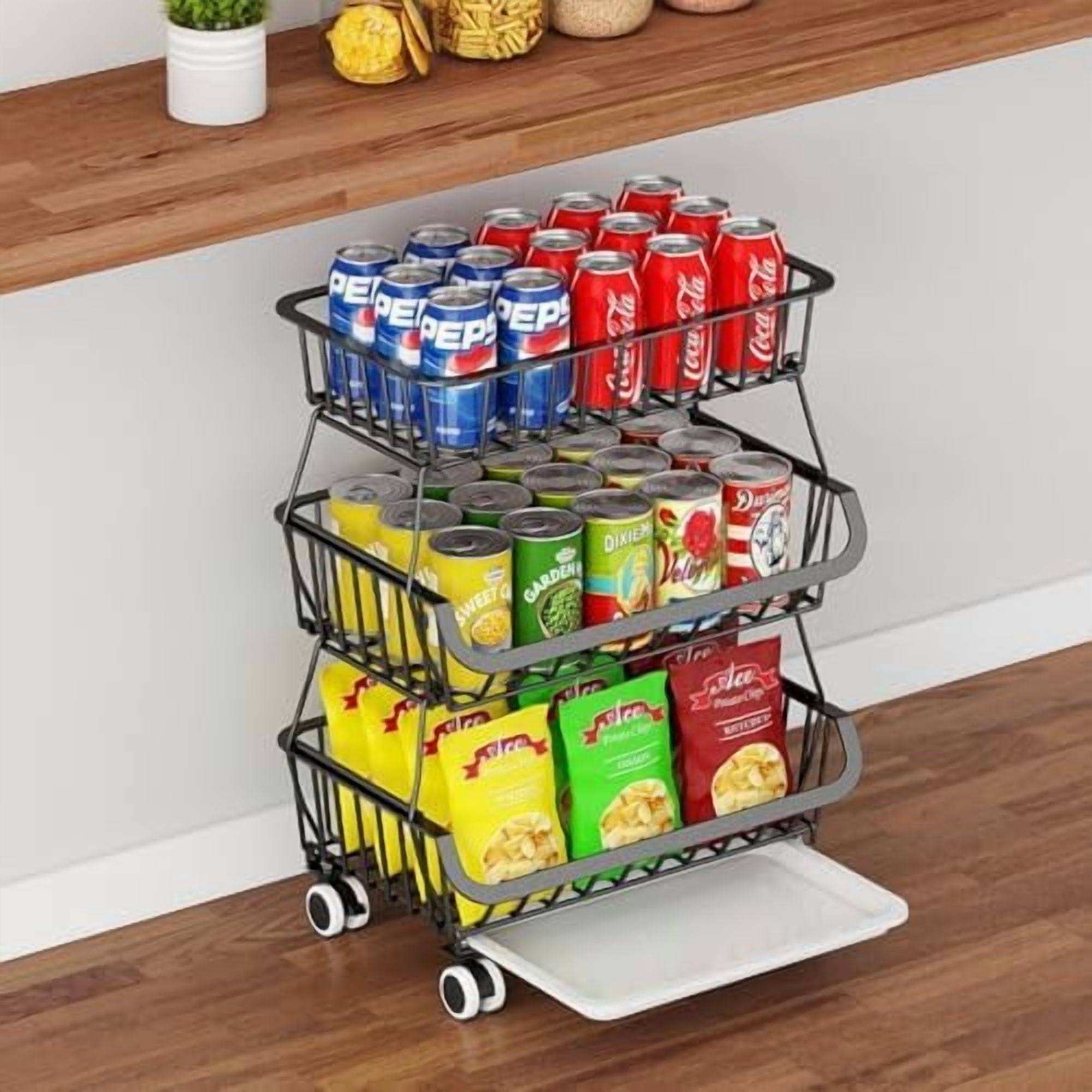 3-Tier Rolling Pantry Floor Organizer, Stackable Pantry Storage Cart ...