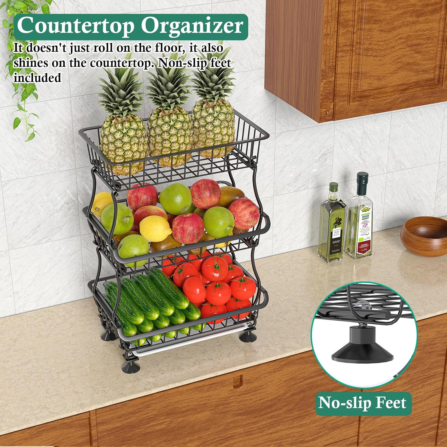 3-Tier Rolling Pantry Floor Organizer and Storage Cart with Wheels ...