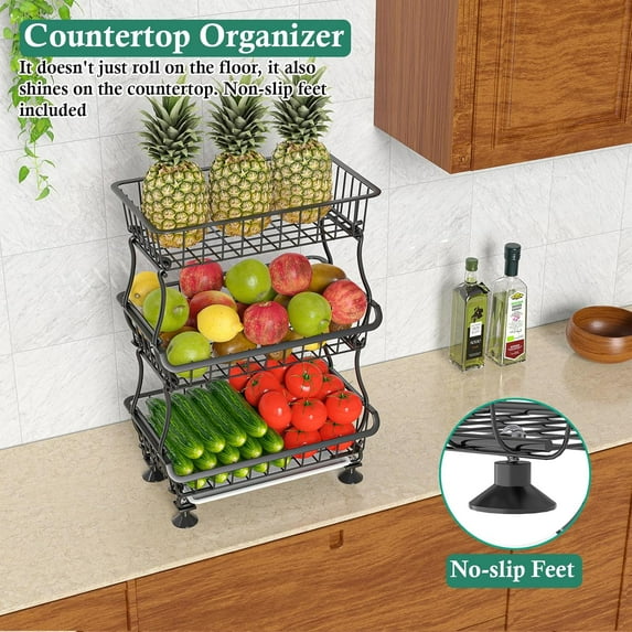 3-Tier Rolling Pantry Floor Organizer and Storage Cart with Wheels ...