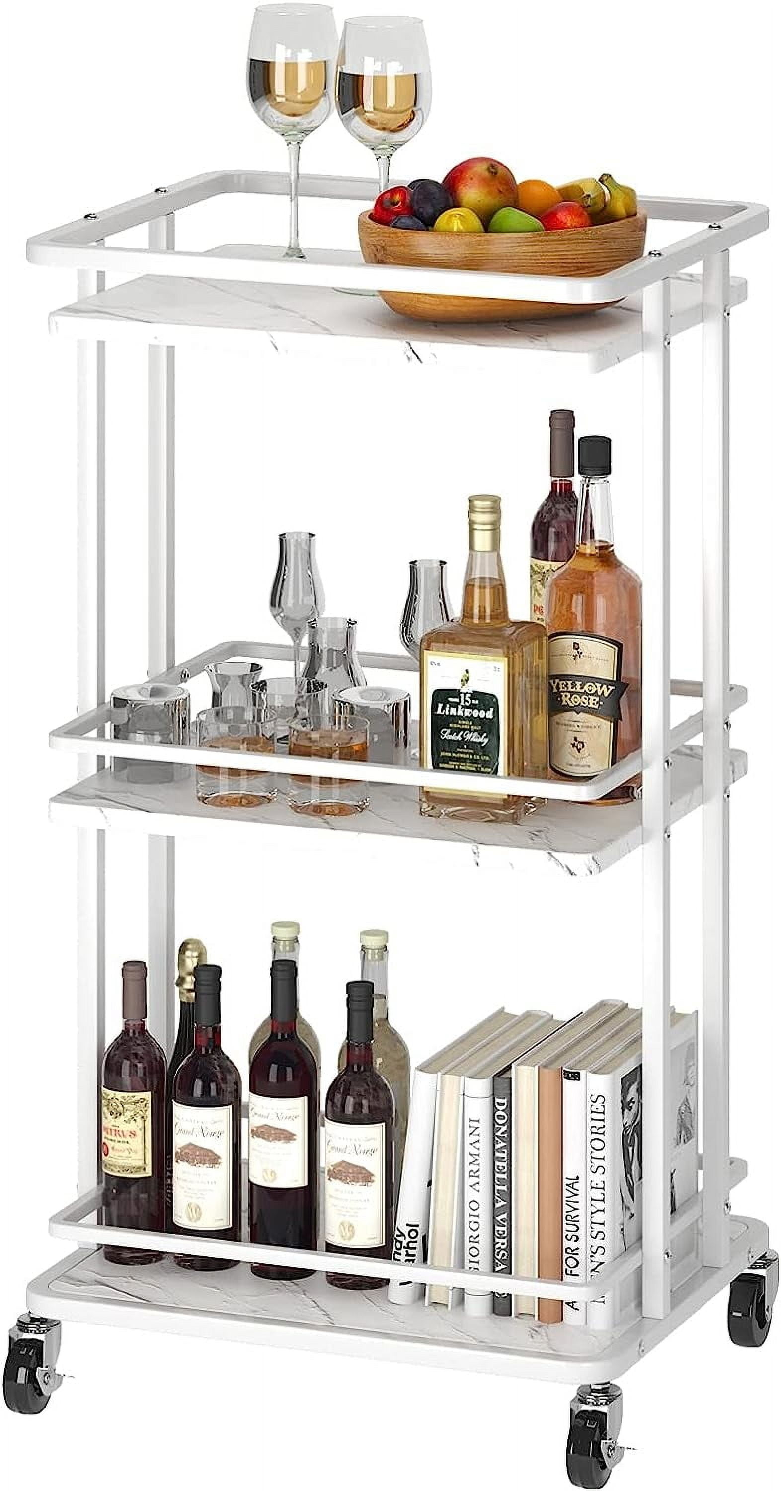 3-Tier Rolling Serving Bar Cart, Wood and Metal Kitchen Island Storage ...