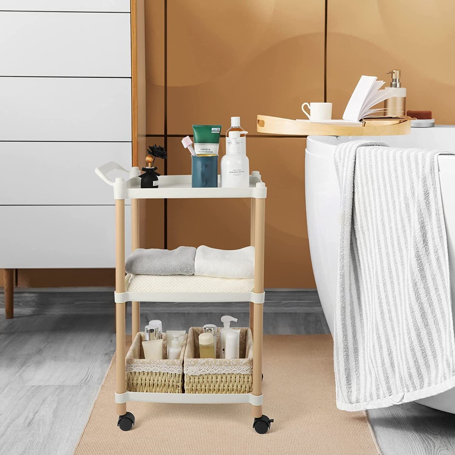 3 Tier Rolling Shelf Movable Bathroom Storage Cart with Lockable Wheels ...
