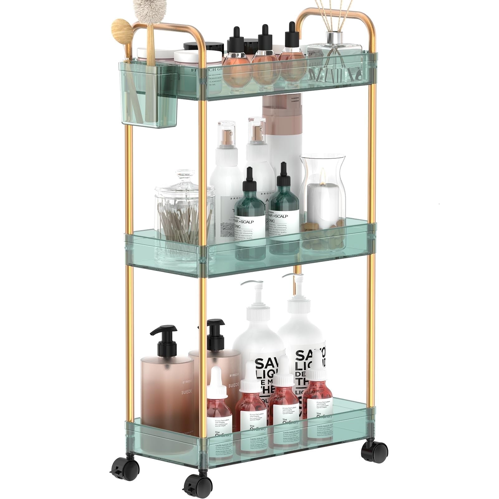 Movanne 3-Tier Rolling Acrylic Storage Cart with Hooks, Baskets ...